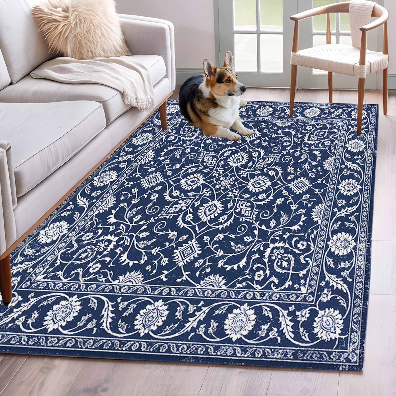 Navy Blue Boho Paisley Washable Area Rug 4x6 Vintage Floral Classic ...