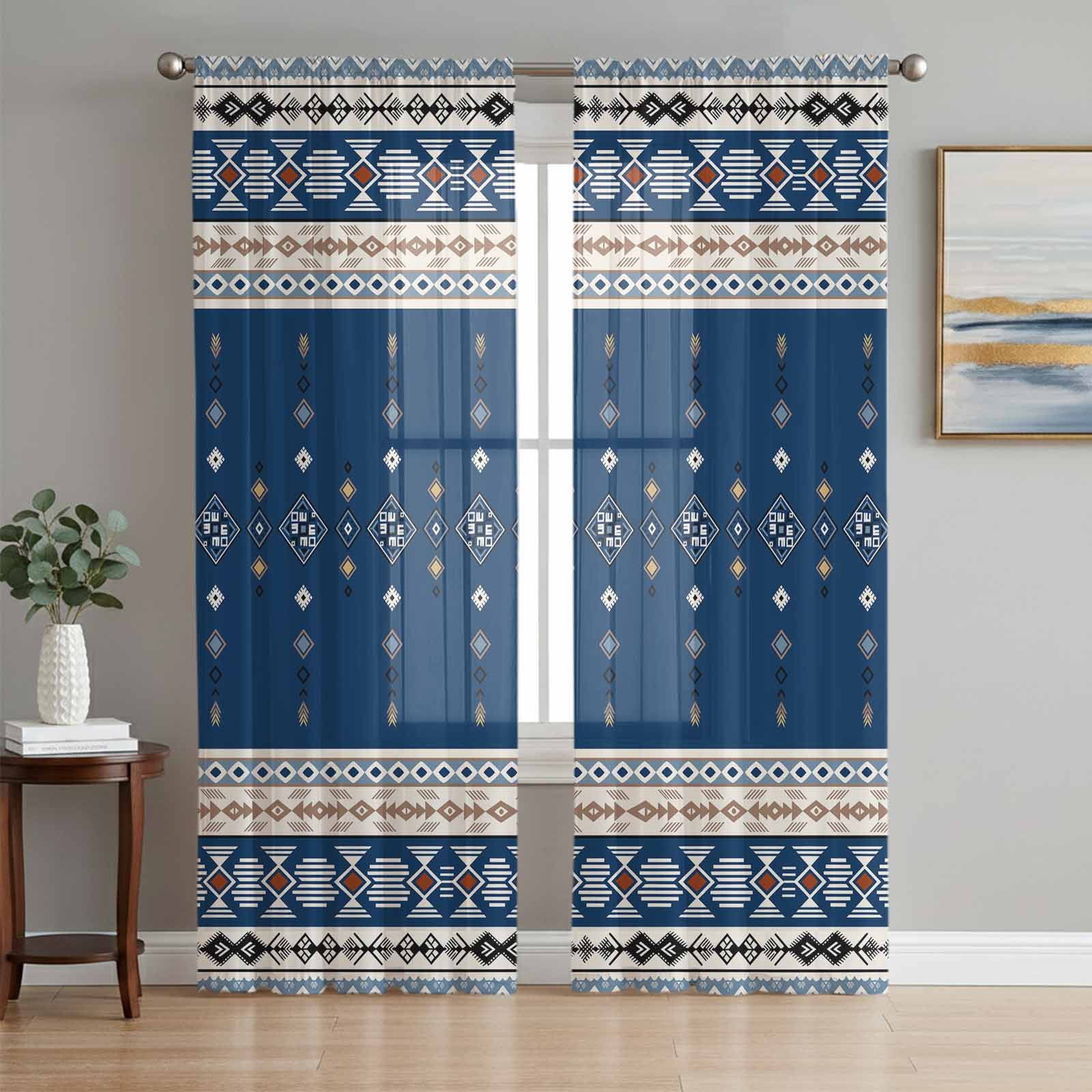Navy Blue Boho Sheer Curtains 63 Inch Length 2 Panels Set, Vintage ...