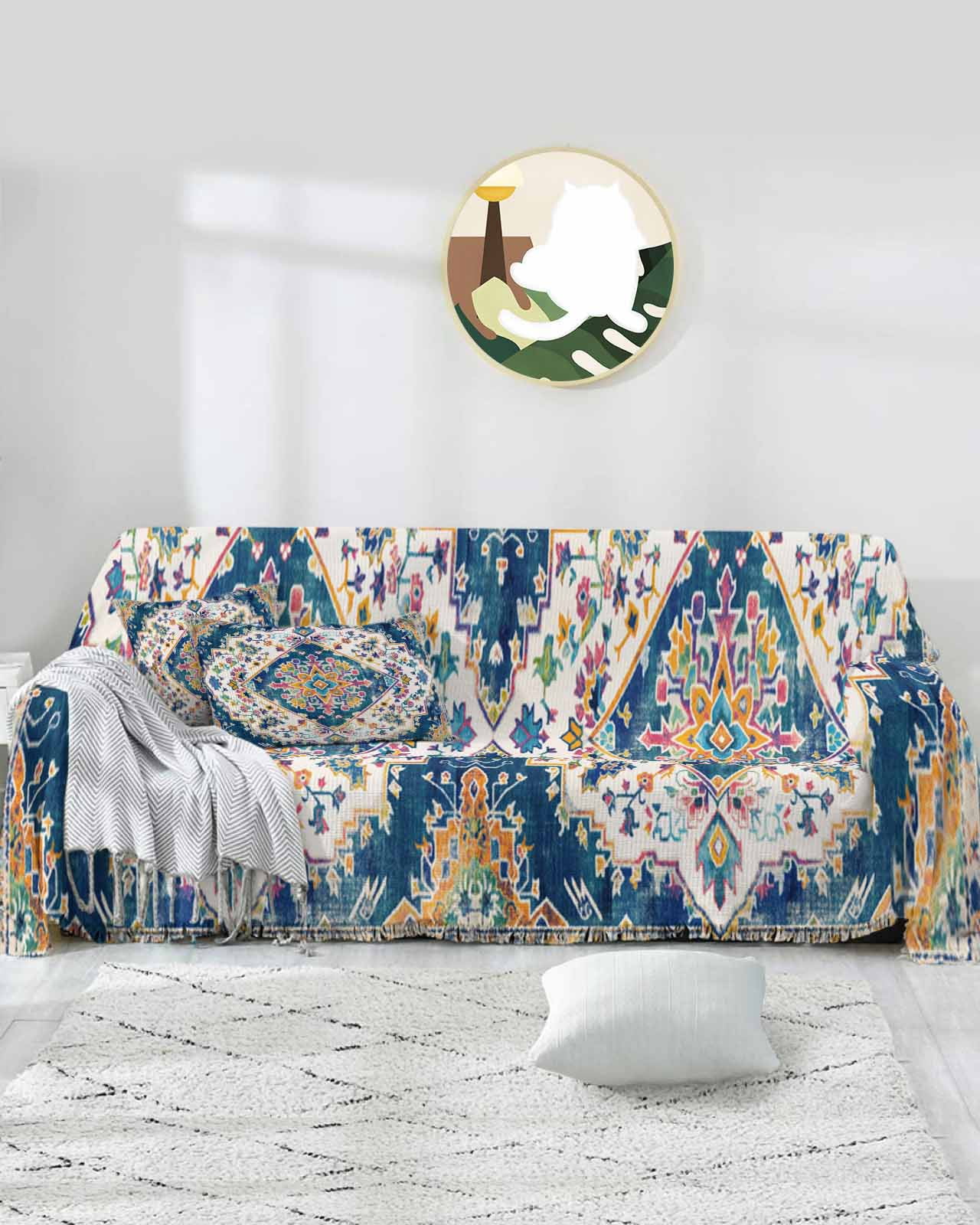 Navy Blue Boho Sofa Covers for 3 Cushion,Washable Couch Cover for ...