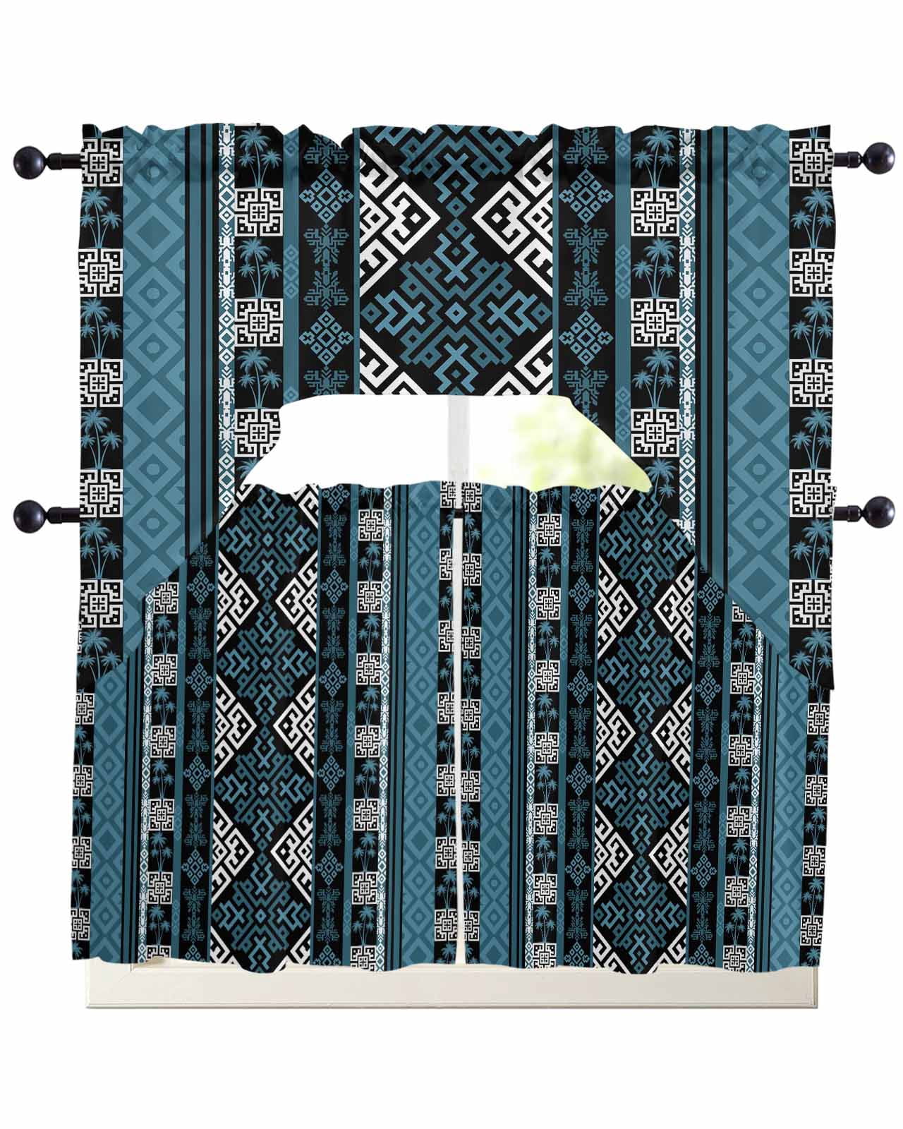 Navy Blue Boho Swag Curtains for Living Room/Bedroom Windows, Geometric ...