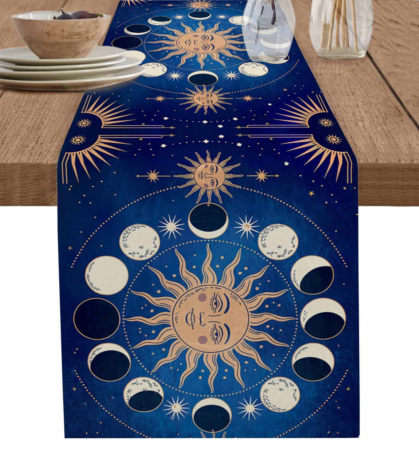 Navy Blue Boho Table Runner 120 Inches, Modern Abstract Bohemia Sun ...