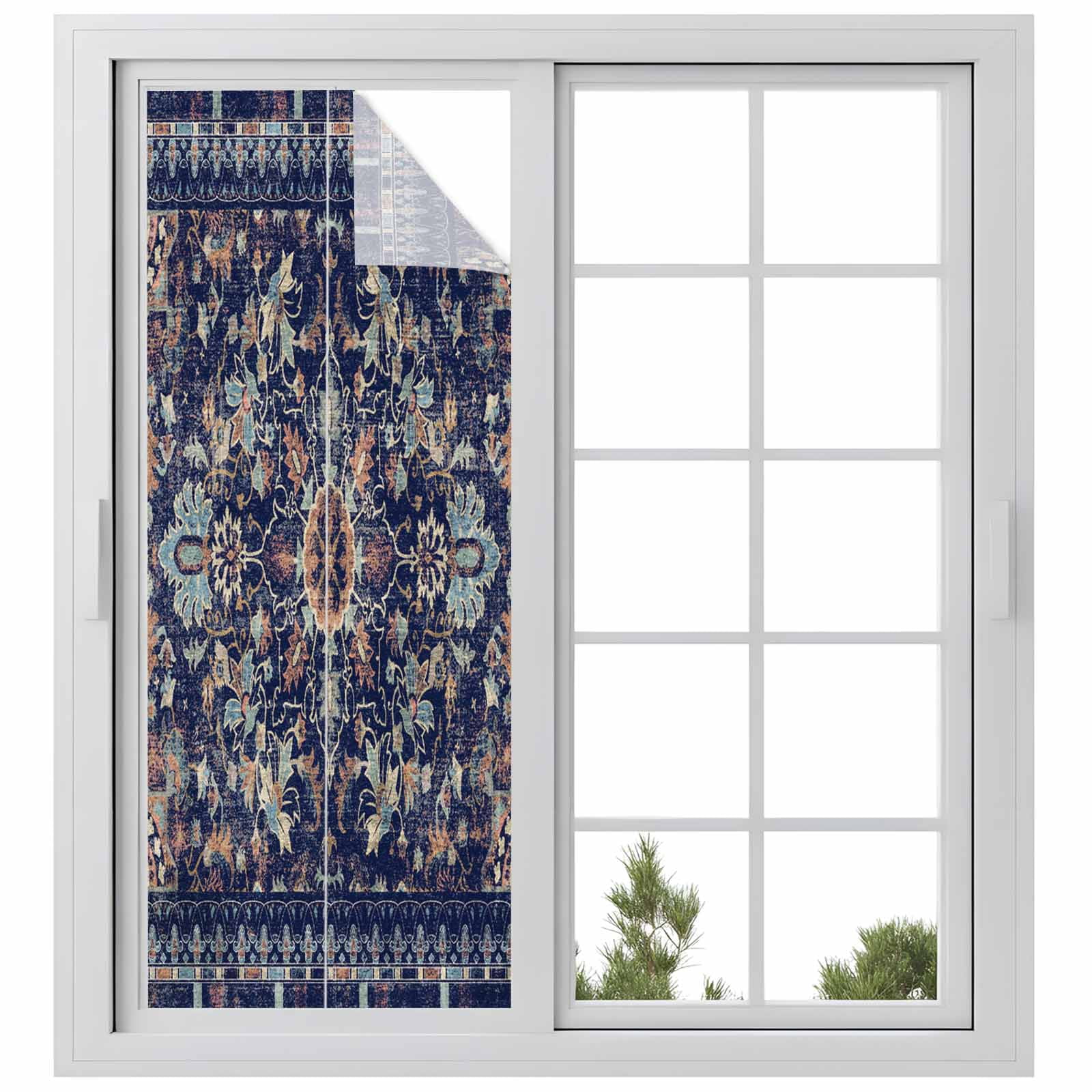 Navy Blue Boho Window Privacy Film, Abstract Art Ethnic Vintage ...