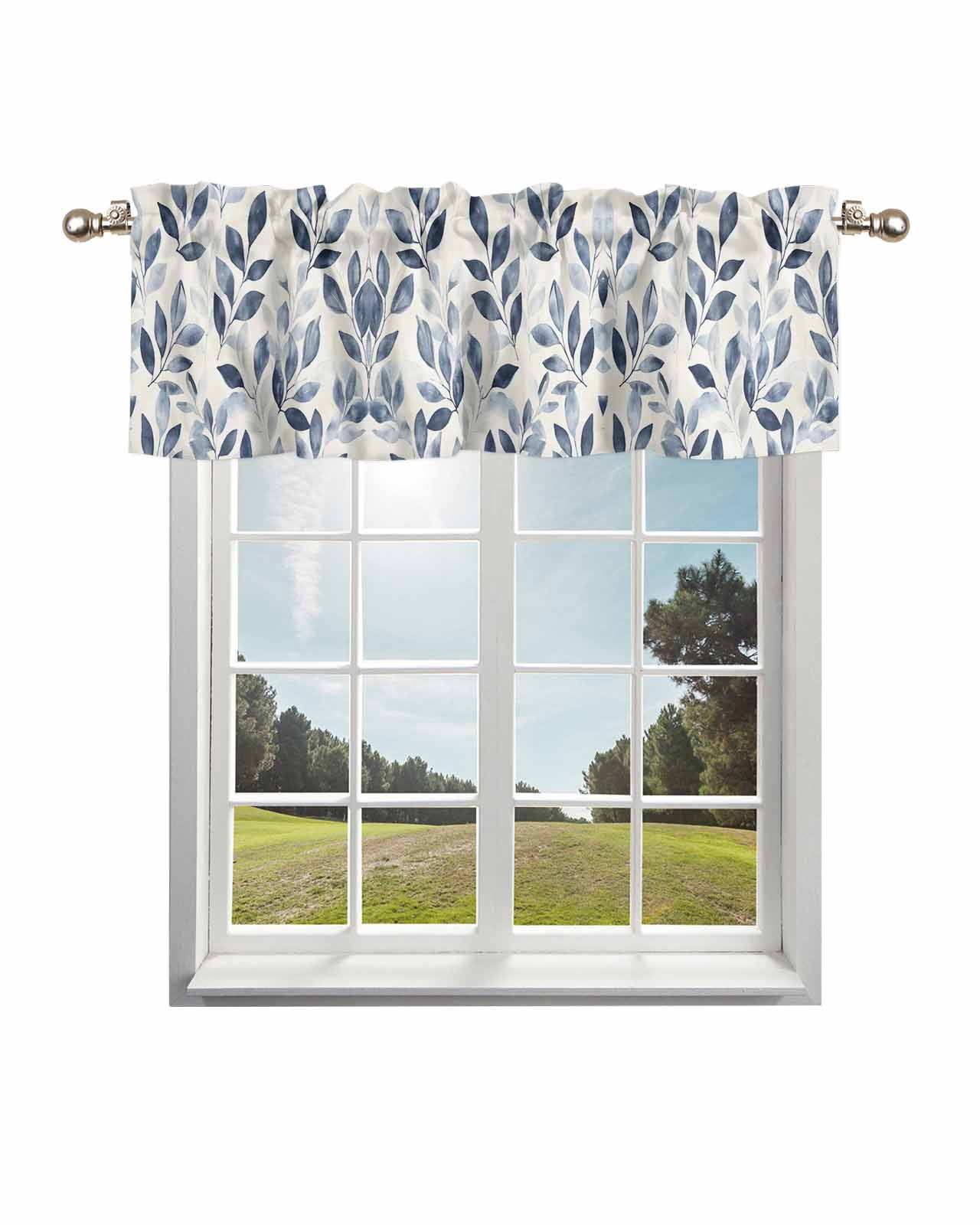 Navy Blue Botanical Curtain Valance for Windows/Living Room/Kitchen ...