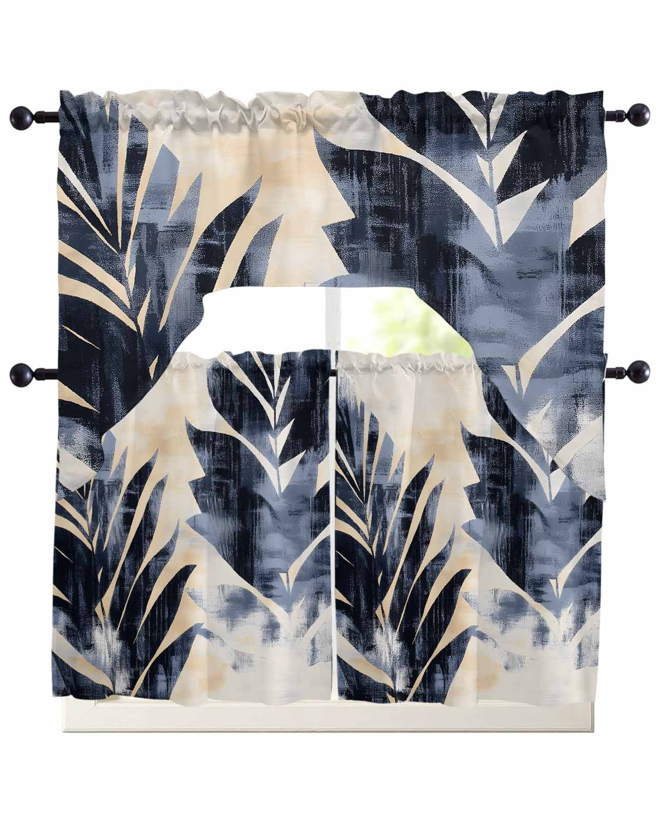 Navy Blue Botanical Kitchen Curtains Swag Valance and Tier Curtains Set ...