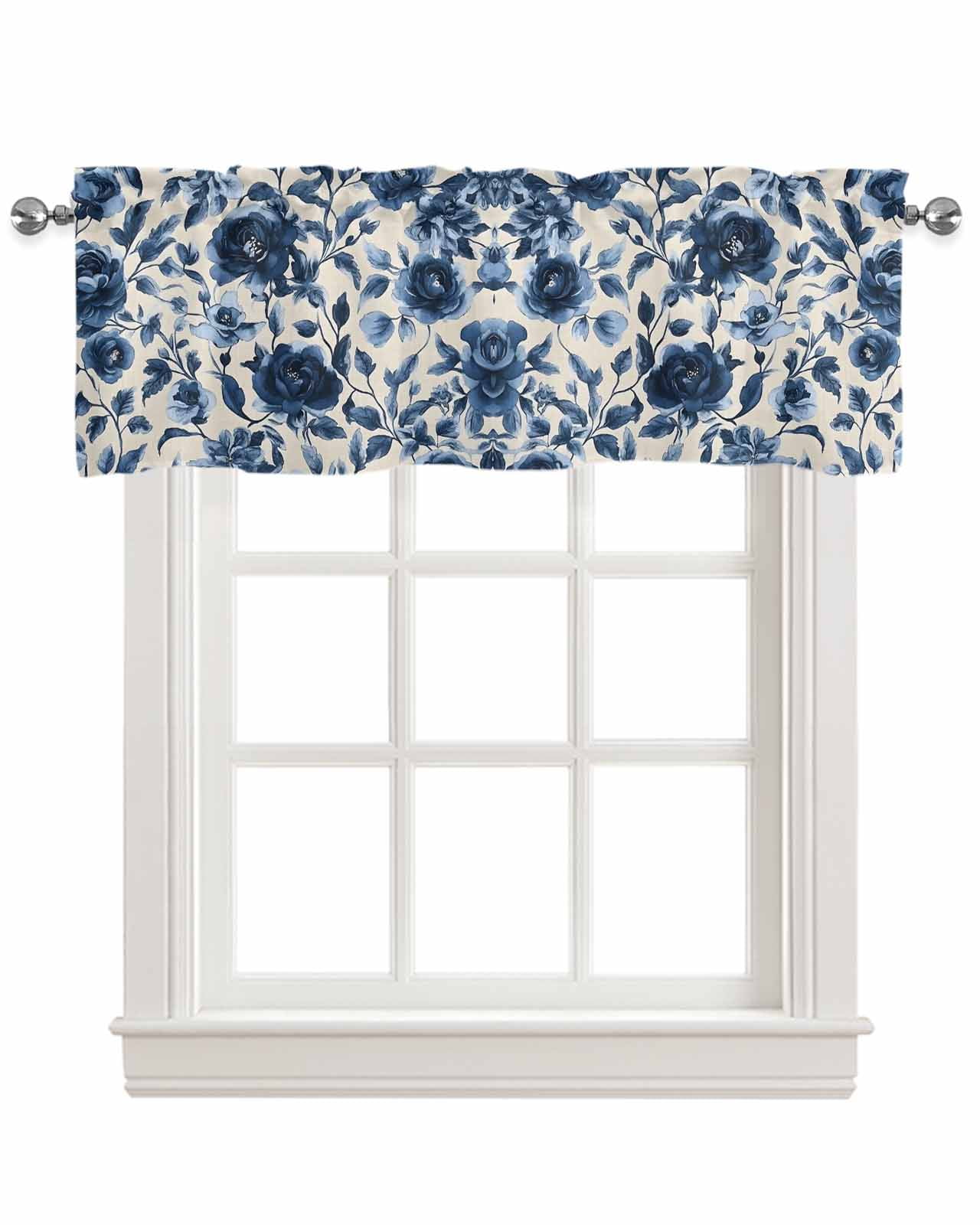 Navy Blue Botanical Peony Kitchen Valances for Windows Farmhouse Linen ...