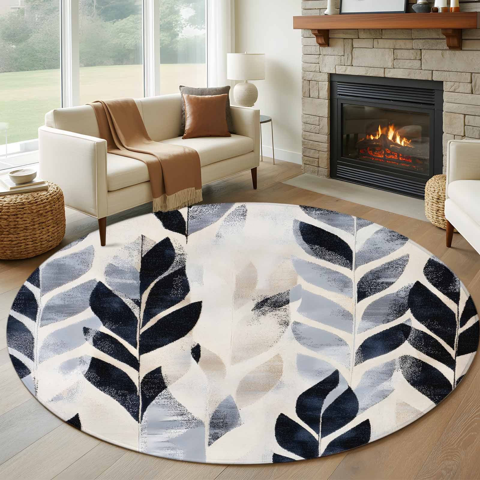 Navy Blue Botanical Round Area Rug 6 FT, Non Slip Bedroom Rugs ...