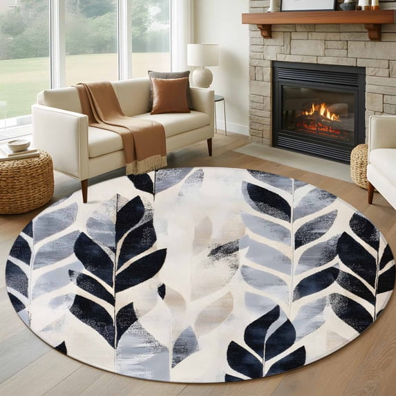 Navy Blue Botanical Round Area Rug 6 FT, Non Slip Bedroom Rugs ...