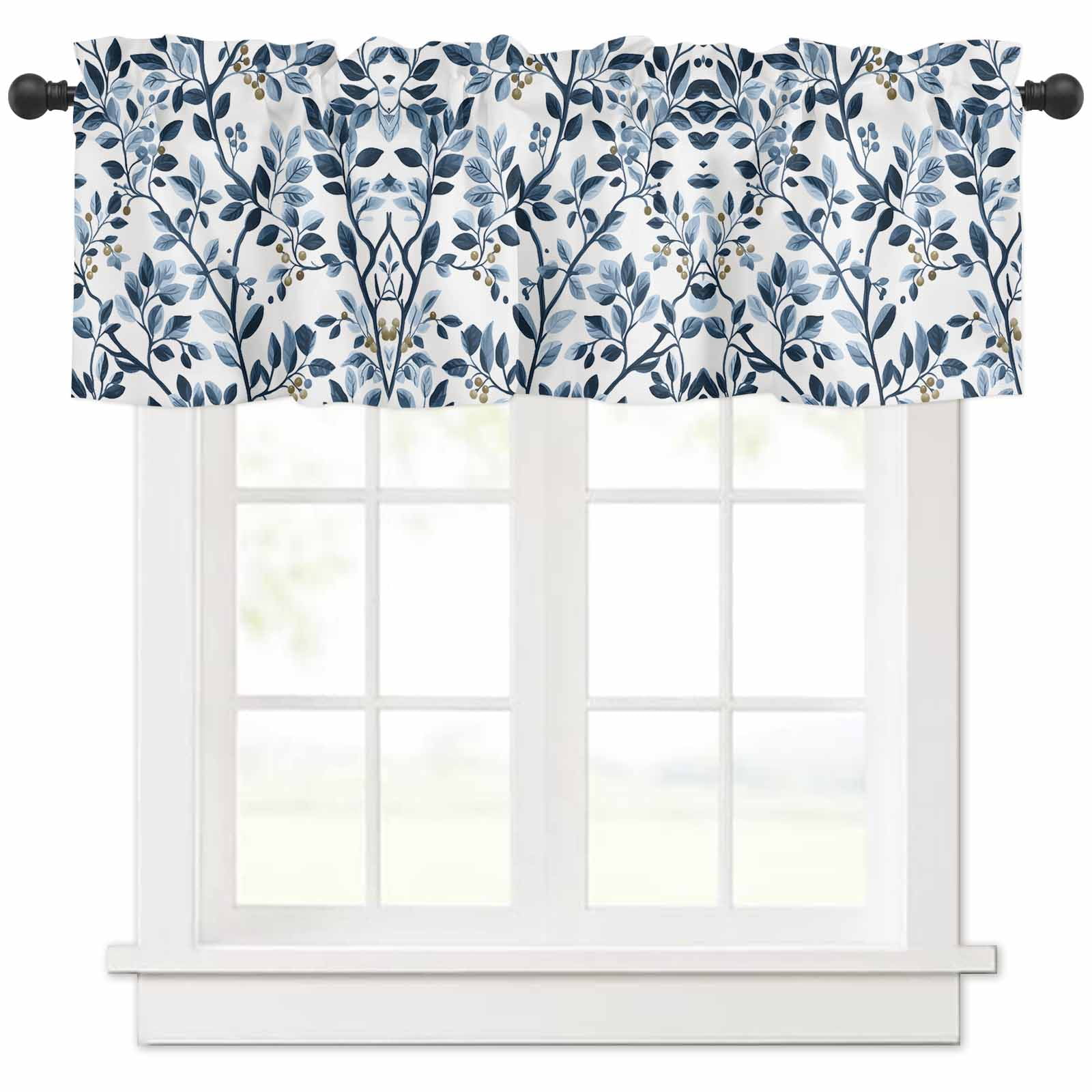 Navy Blue Botanical Valances for Windows Farmhouse Kitchen Curtains ...