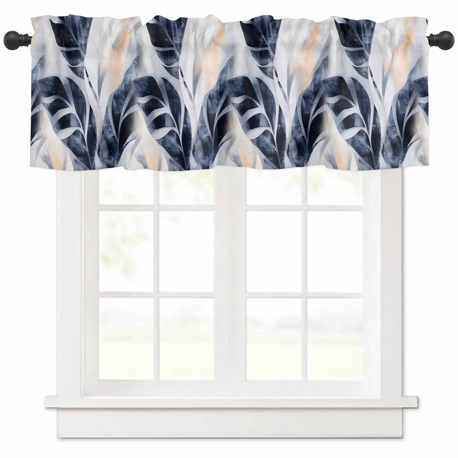 Navy Blue Botanical Valances for Windows Farmhouse Kitchen Curtains ...