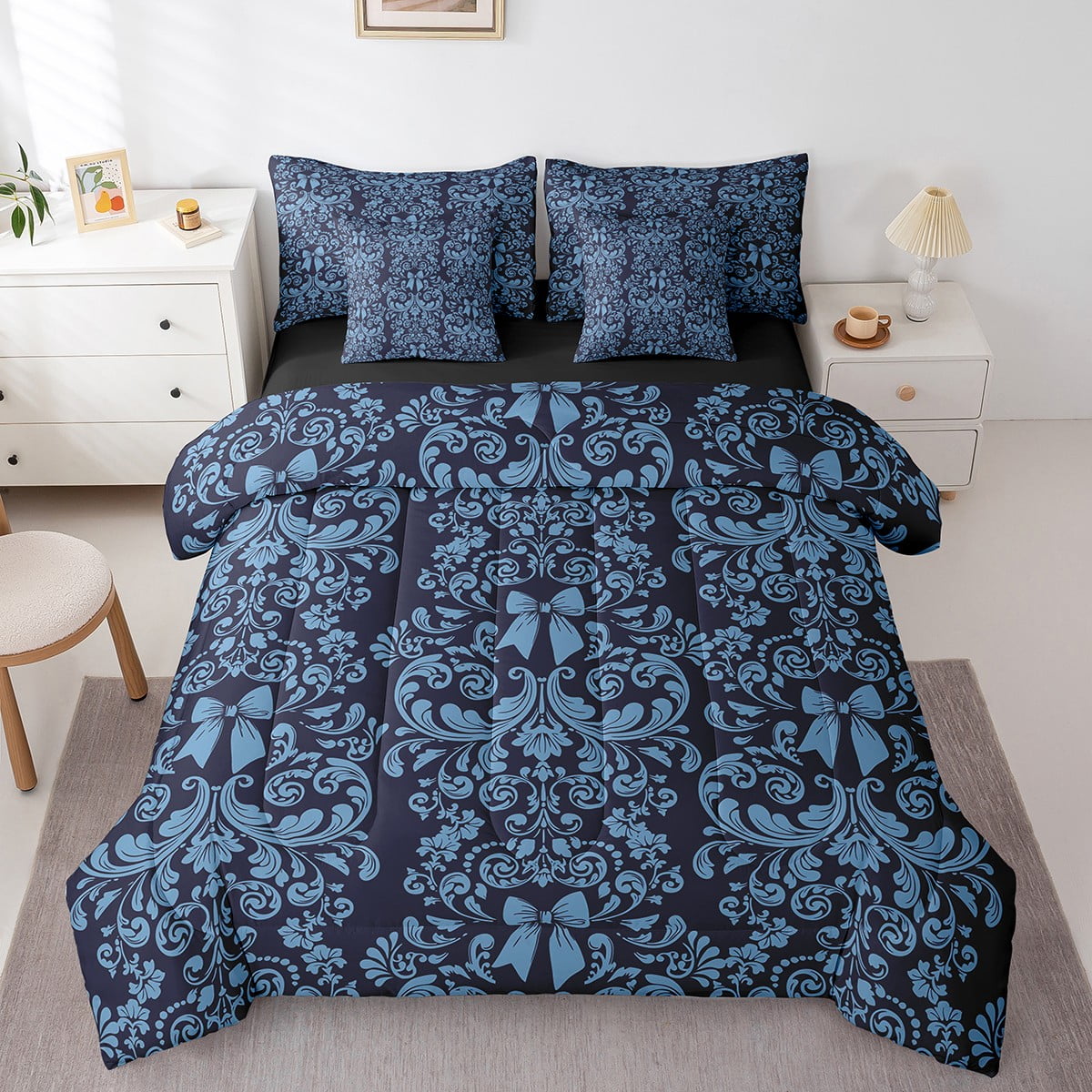 Navy Blue Bow Knot Bed in a Bag Queen Comforter Set 7 Piece,Antique ...
