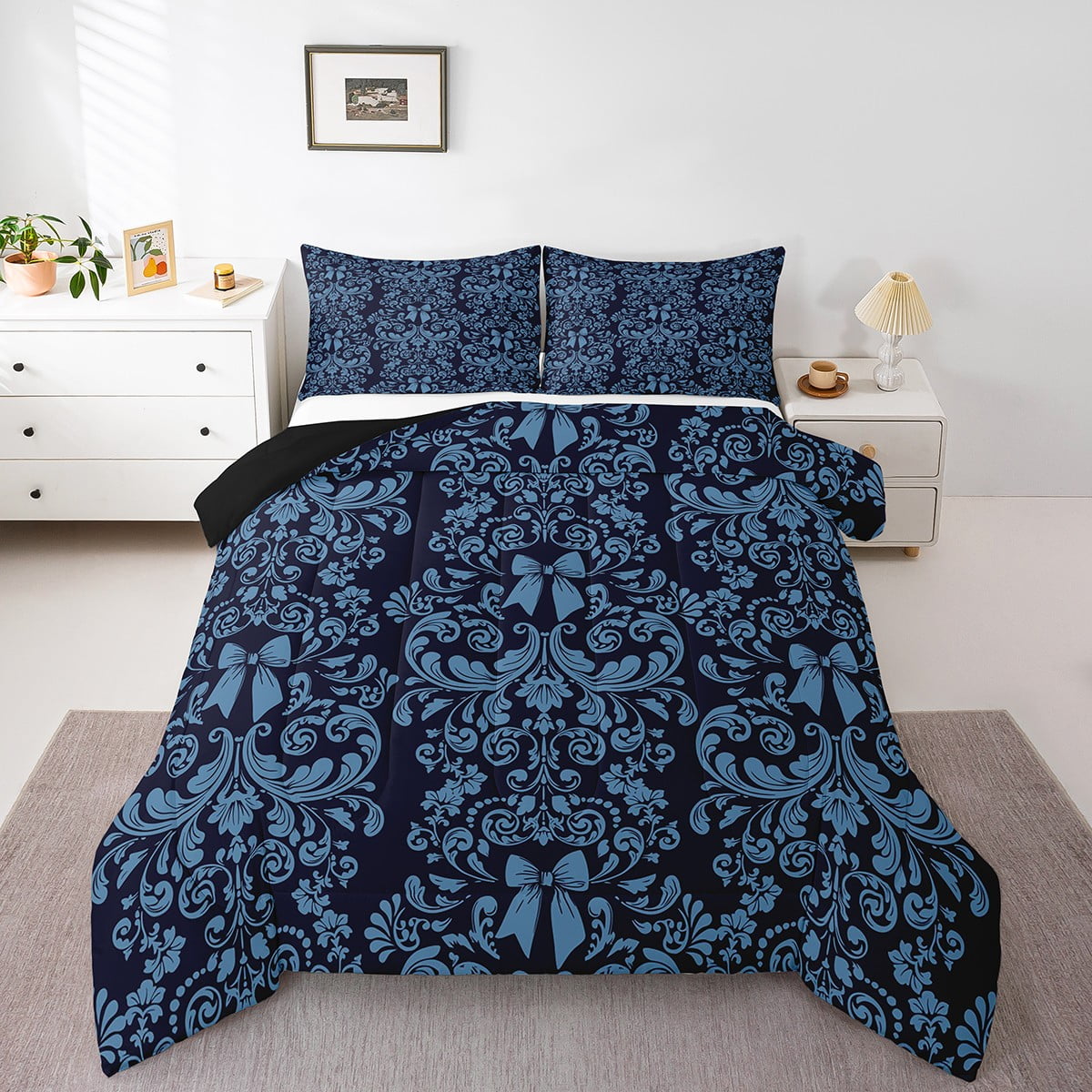 Navy Blue Bow Knot Comforter Set Antique Victorian Damask Bedding Set ...