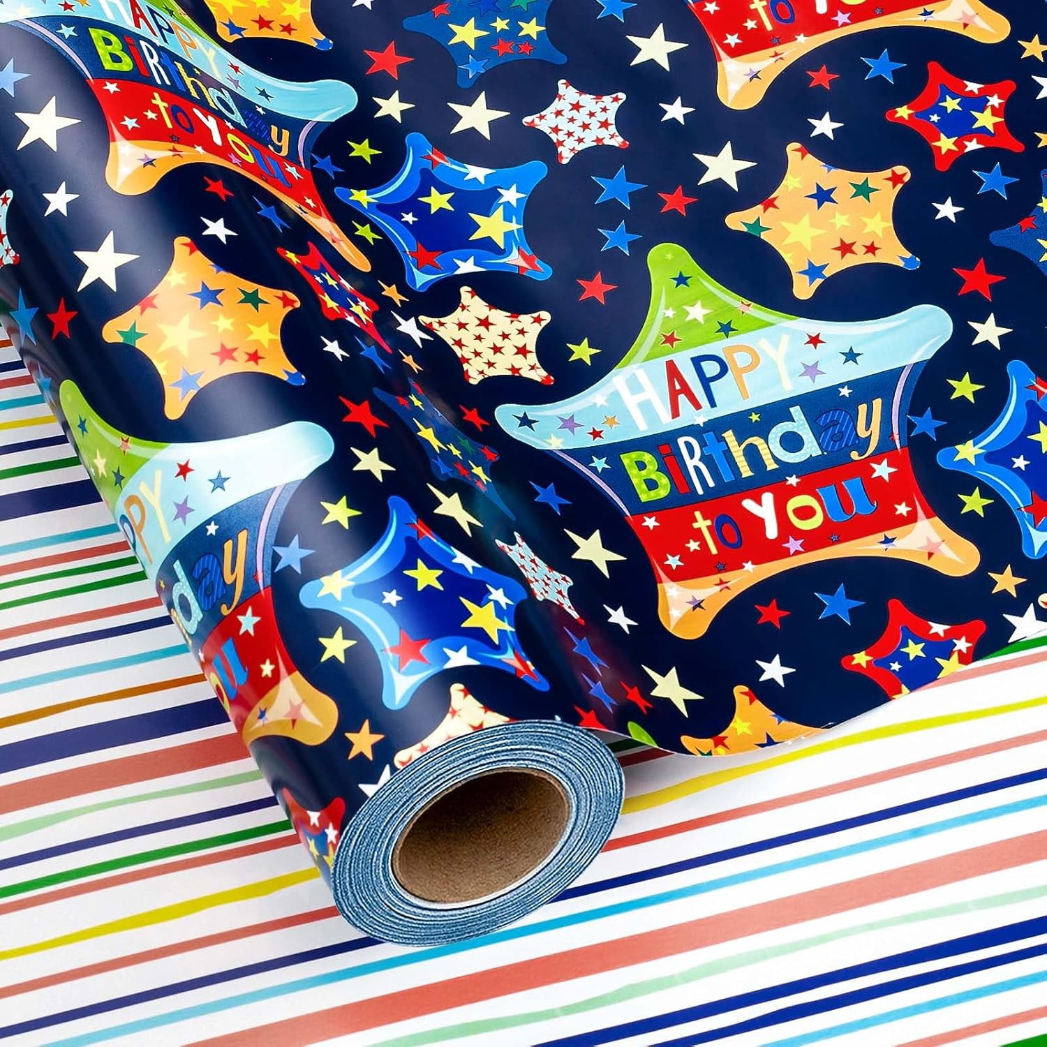 Navy Blue Boy Birthday Wrapping Paper Roll - Cute Colorful Starfish ...
