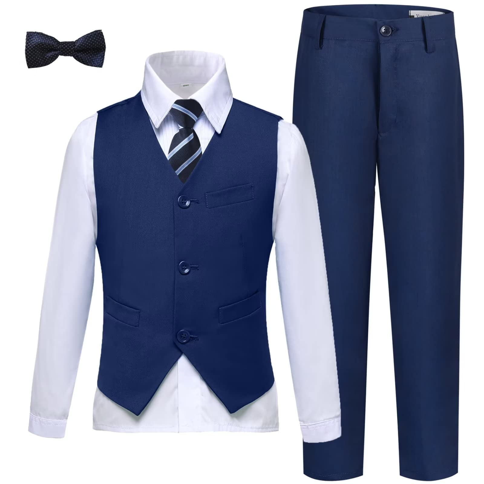 Navy Blue Boys' 4-Piece Formal Suit Set Vest Pants Collared Dress for ...