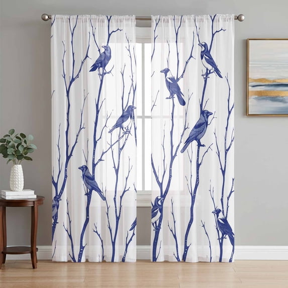 Navy Blue Branches Birds Semi Sheer Curtains 108 Inch Length 2 Panels ...