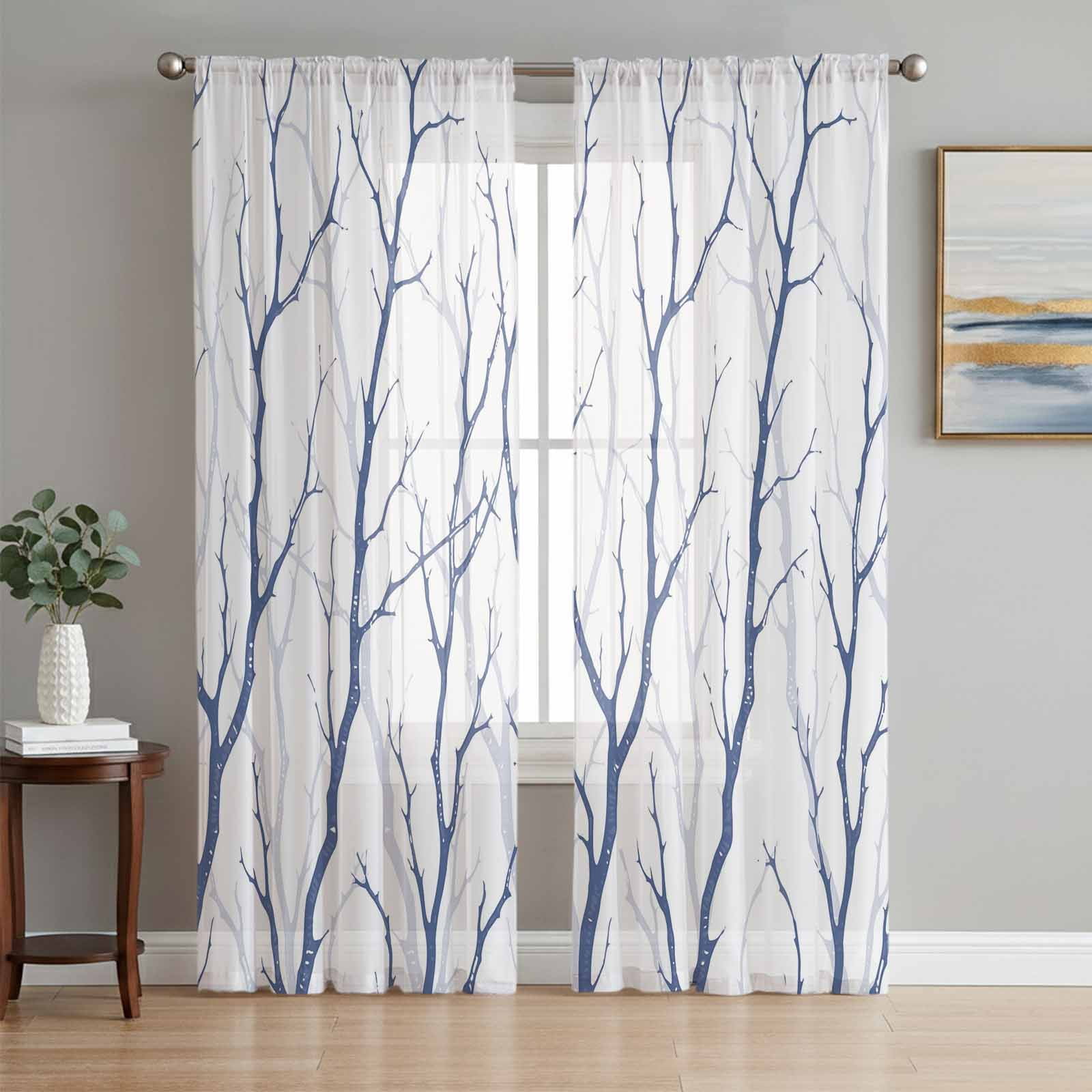 Navy Blue Branches Sheer Curtains 96 Inch Length 2 Panels Set, Modern ...