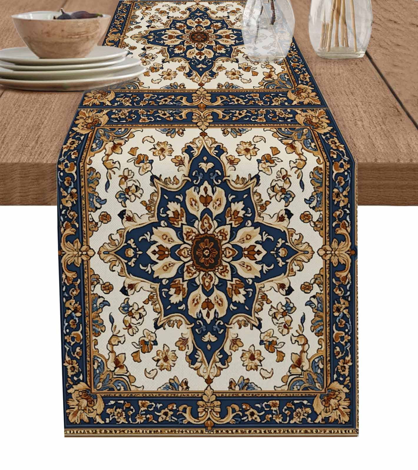 Navy Blue Brown Boho Burlap Cotton Table Runner 13x108 Inches Long ...