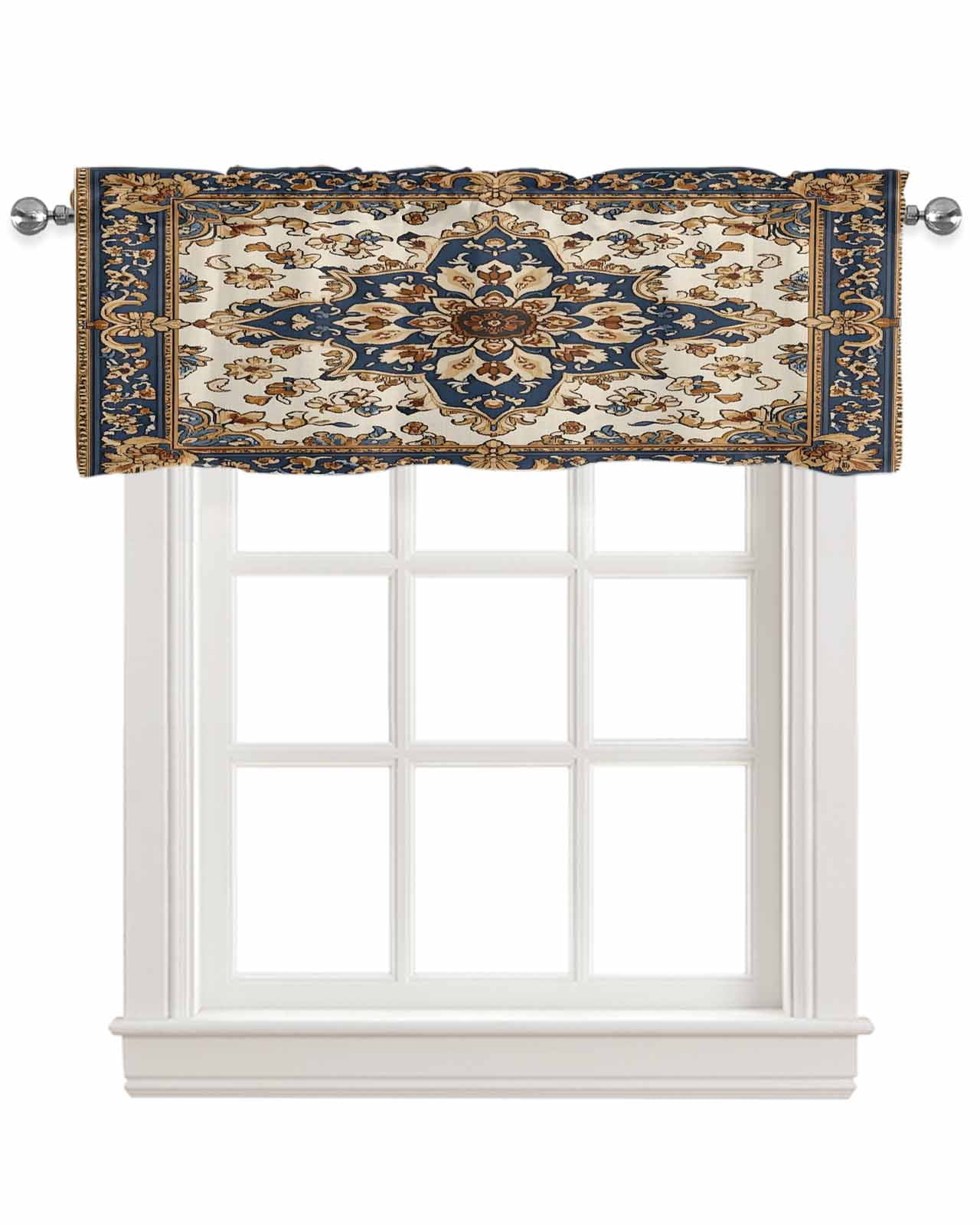 Navy Blue Brown Boho Kitchen Valances for Windows Farmhouse Linen ...