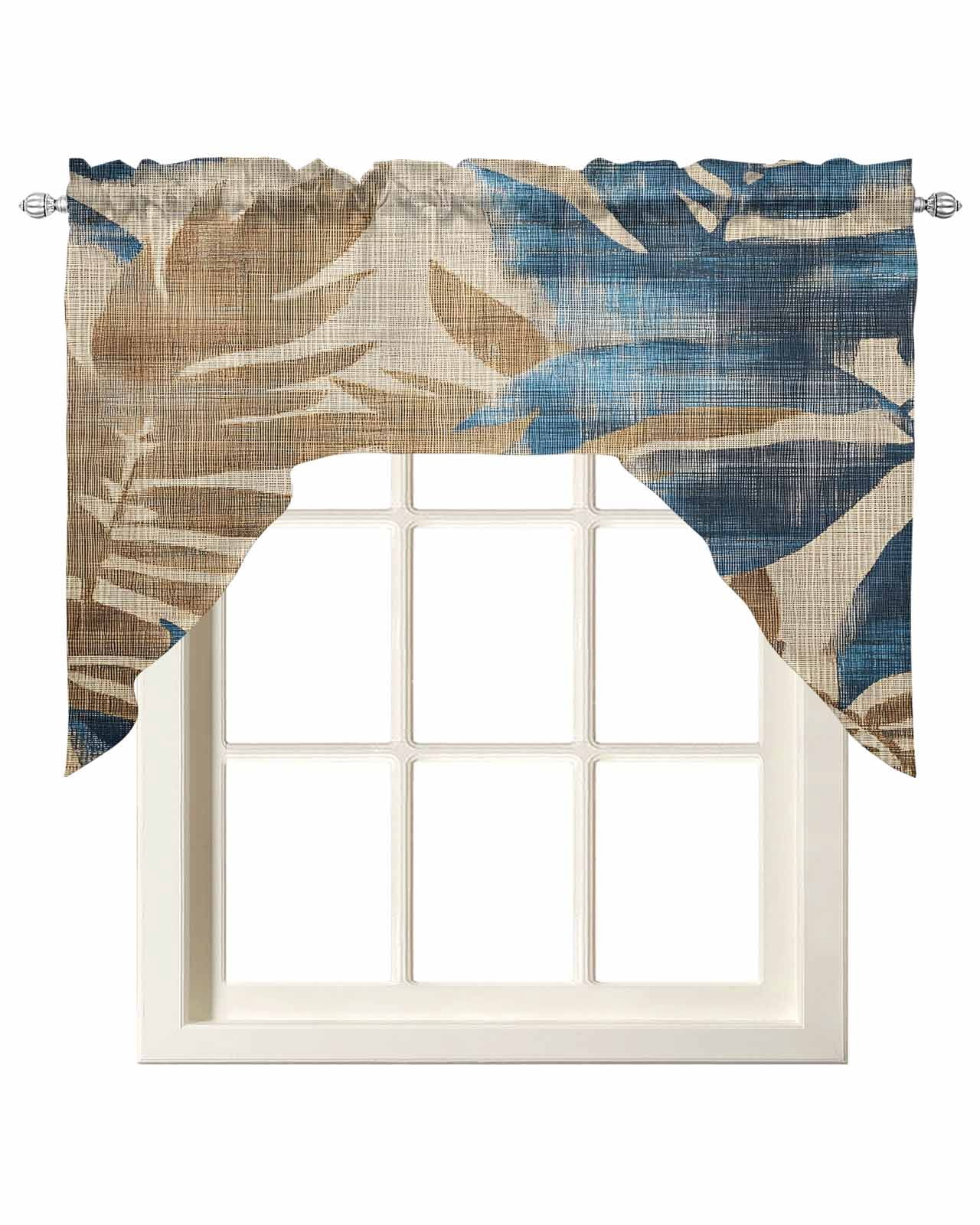 Navy Blue Brown Botanical Kitchen Swag Valances for Windows, Rustic ...