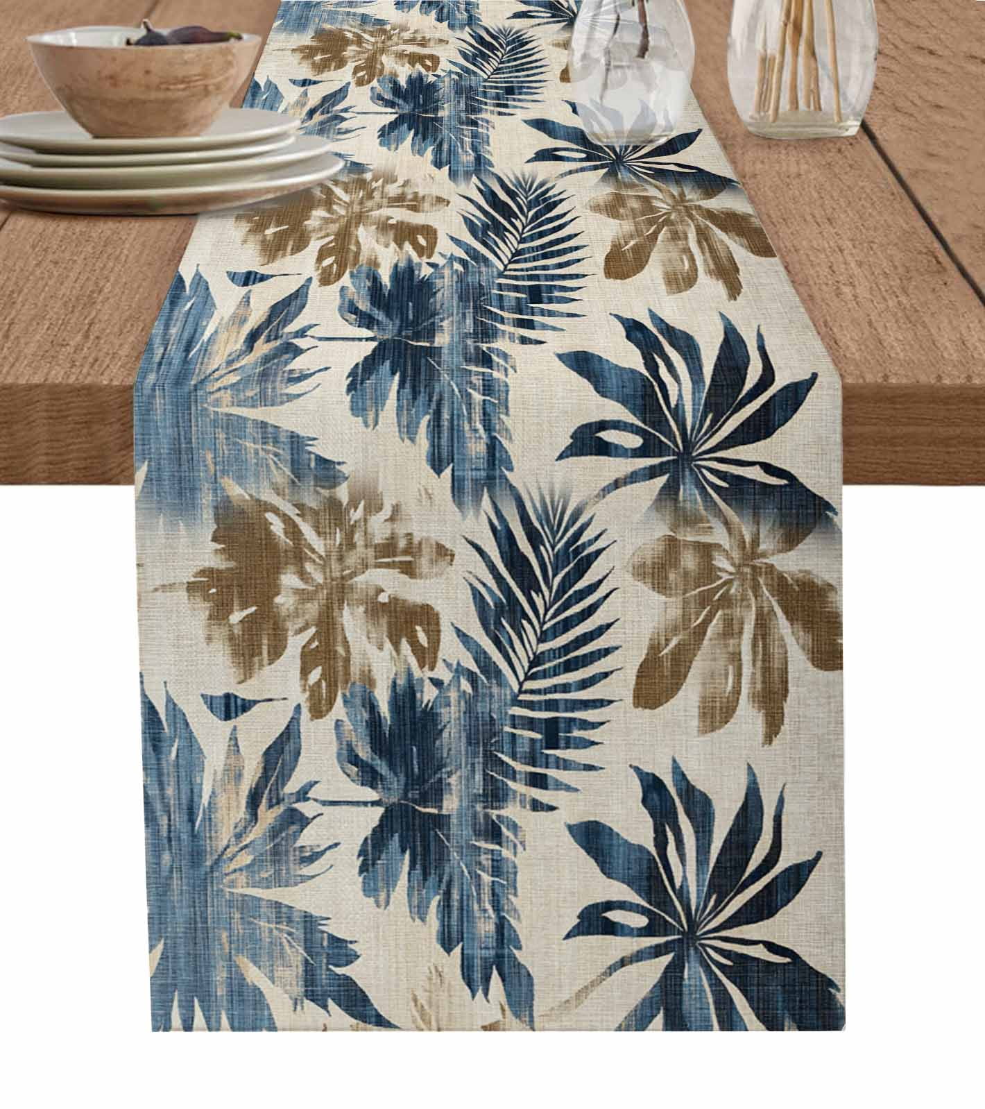 Navy Blue Brown Botanical Table Runner 60 Inches, Tropical Palm Leaves ...