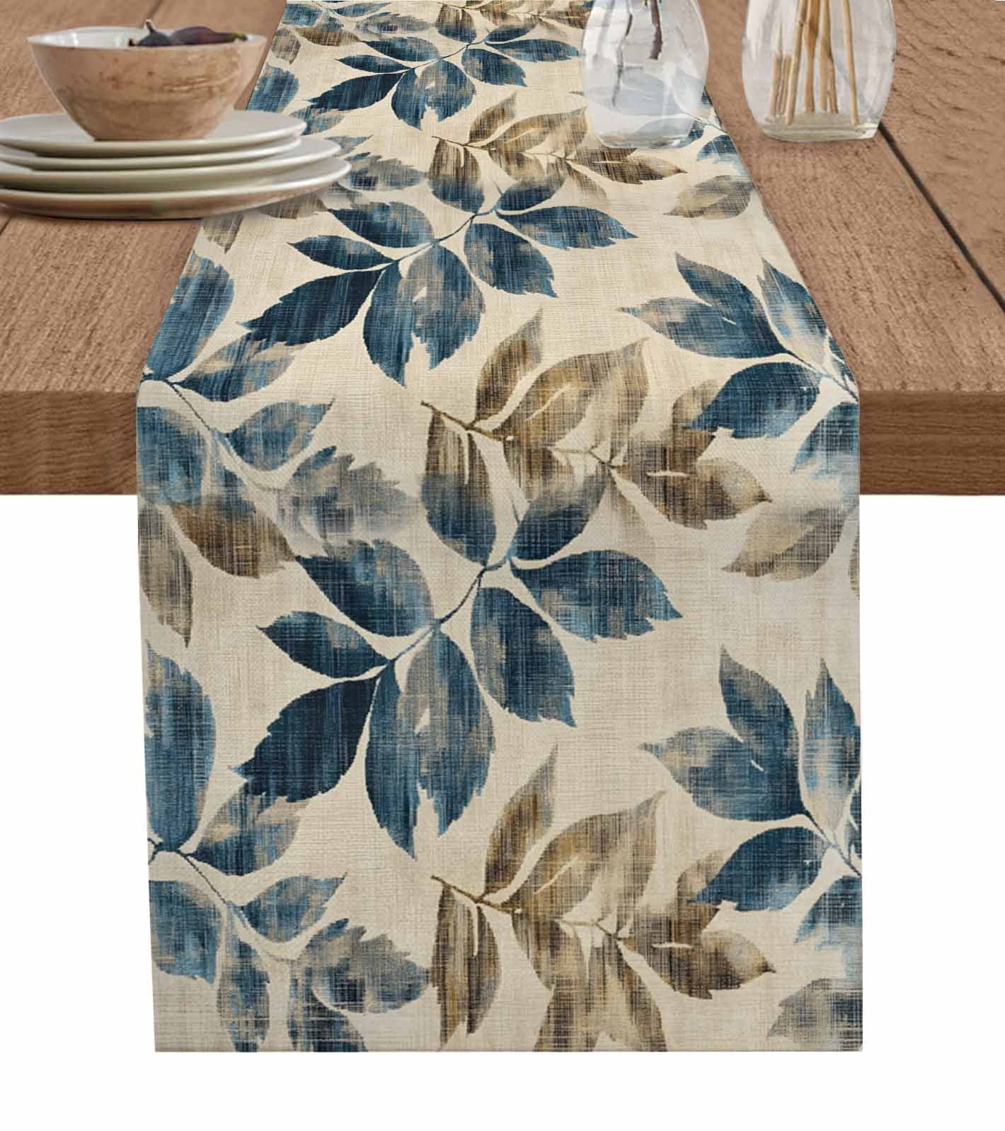 Navy Blue Brown Botanical Table Runner 72 Inches, Retro Elegant Palm ...
