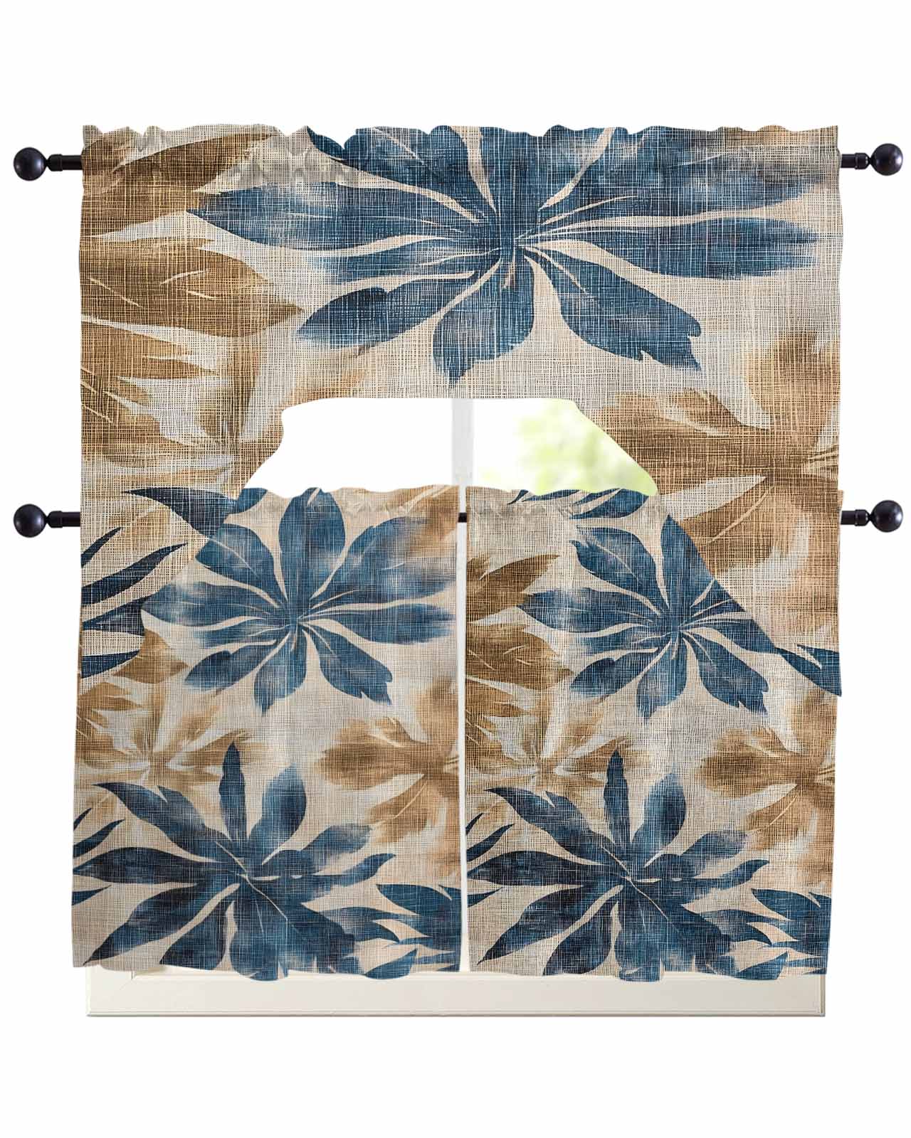 Navy Blue Brown Kitchen Curtains Swag Valance and Tier Curtains Set 36 ...