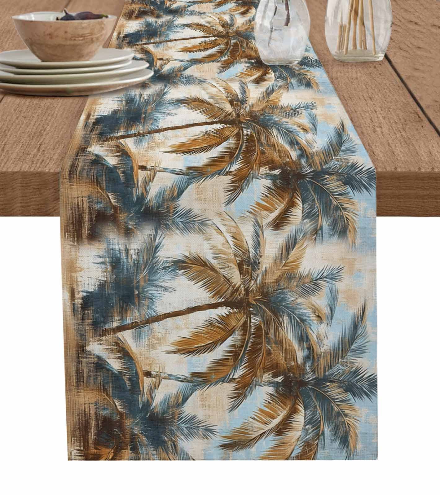Navy Blue Brown Palm Tree Table Runner 108 Inches, Tropical Leaves ...