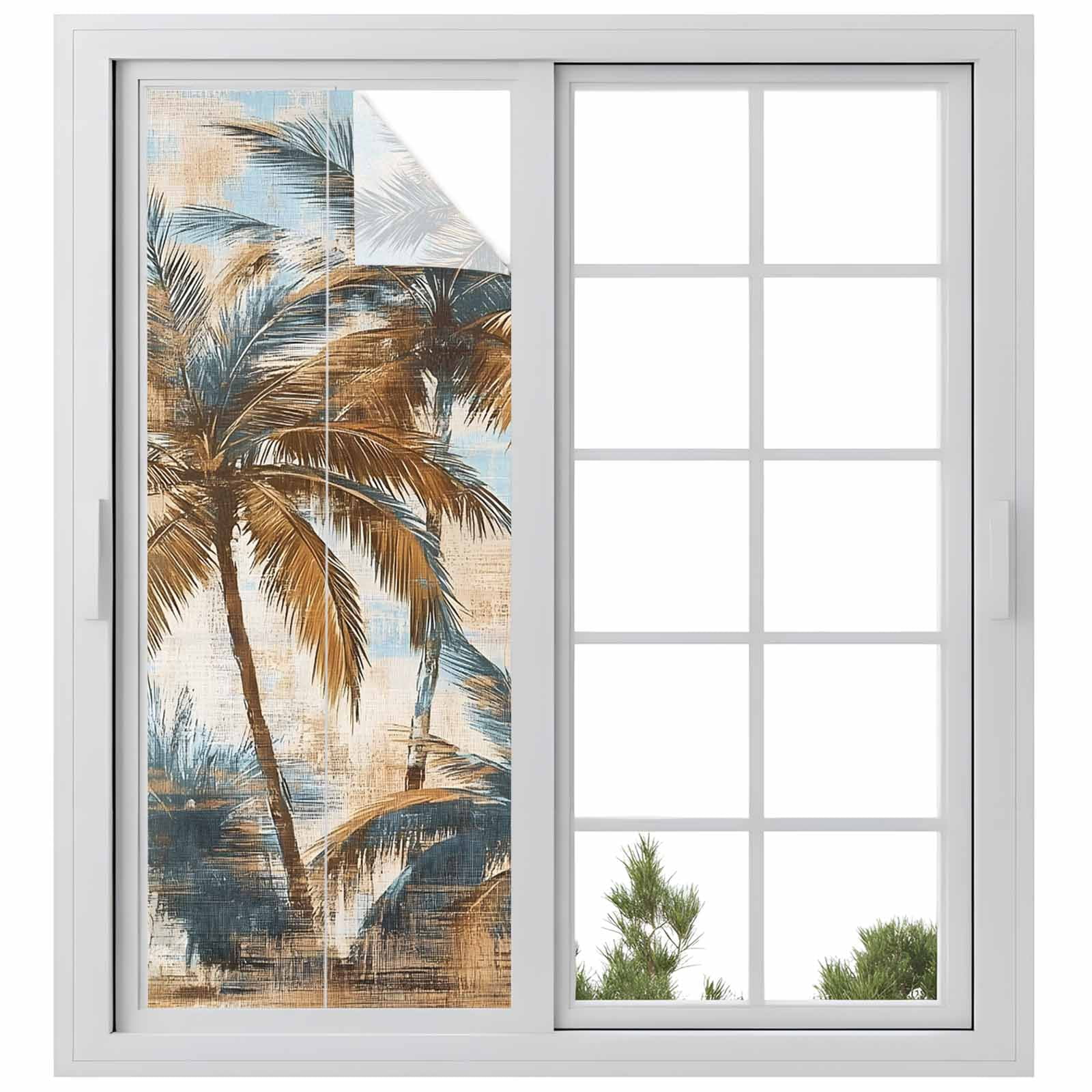 Navy Blue Brown Palm Tree Window Privacy Film, Tropical Leaves Vintage ...