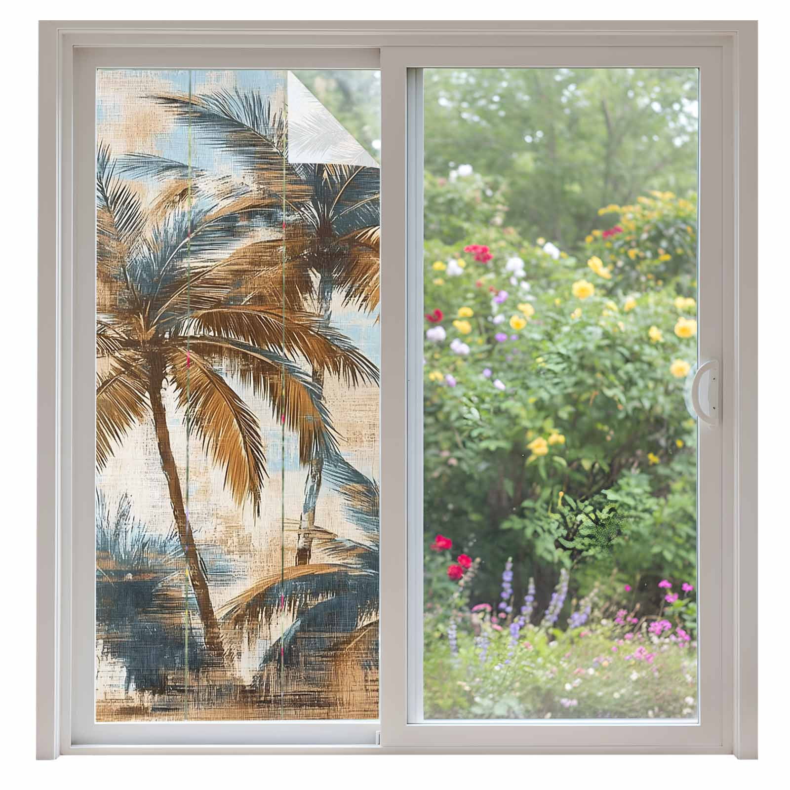 Navy Blue Brown Palm Tree Window Privacy Film, Tropical Leaves Vintage ...