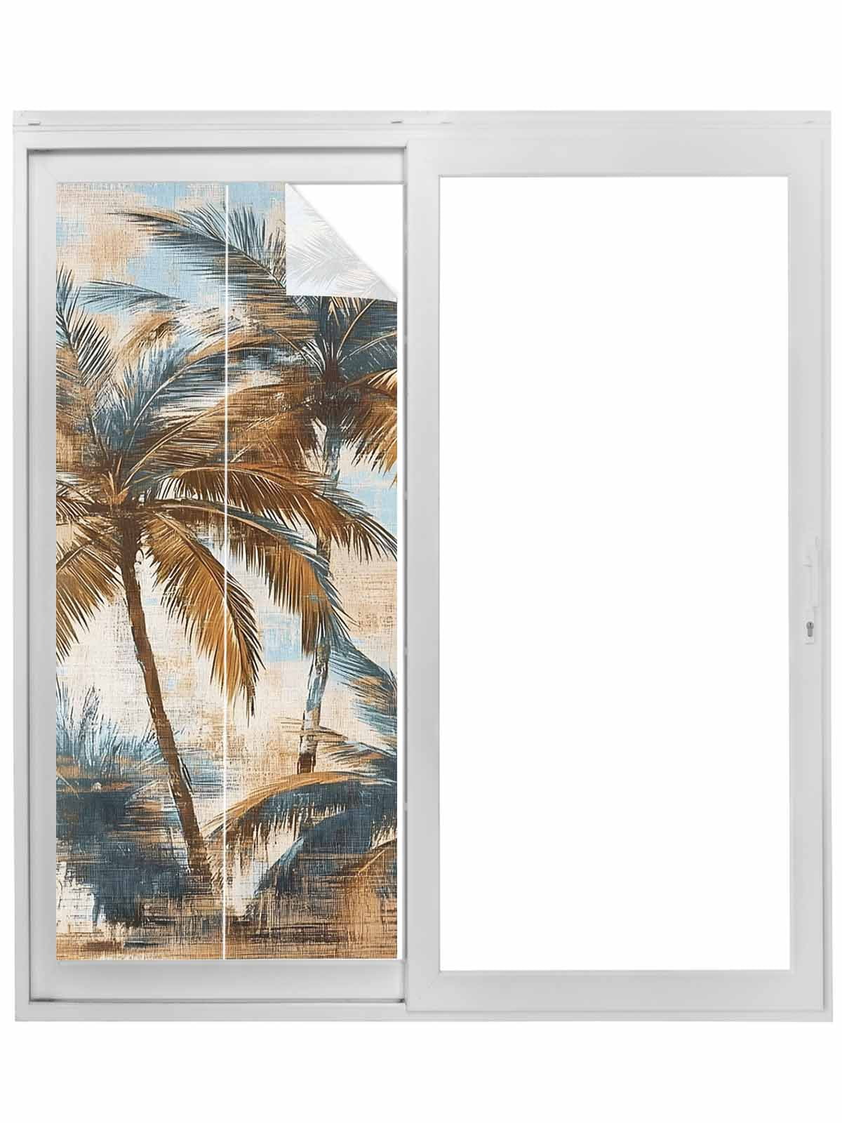 Navy Blue Brown Palm Tree Window Privacy Film, Tropical Leaves Vintage ...