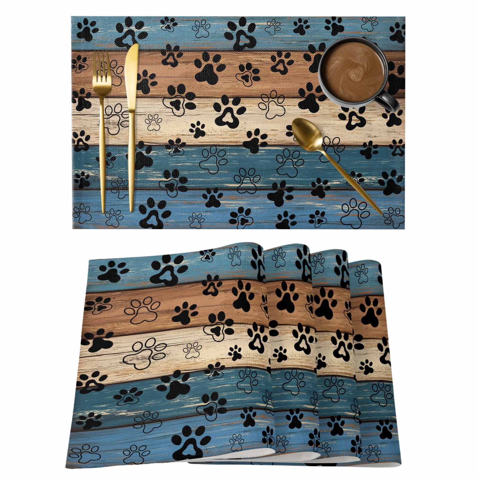 Navy Blue Brown Placemats Set of 8, Rustic Farmhouse Dog Paw Vintage ...