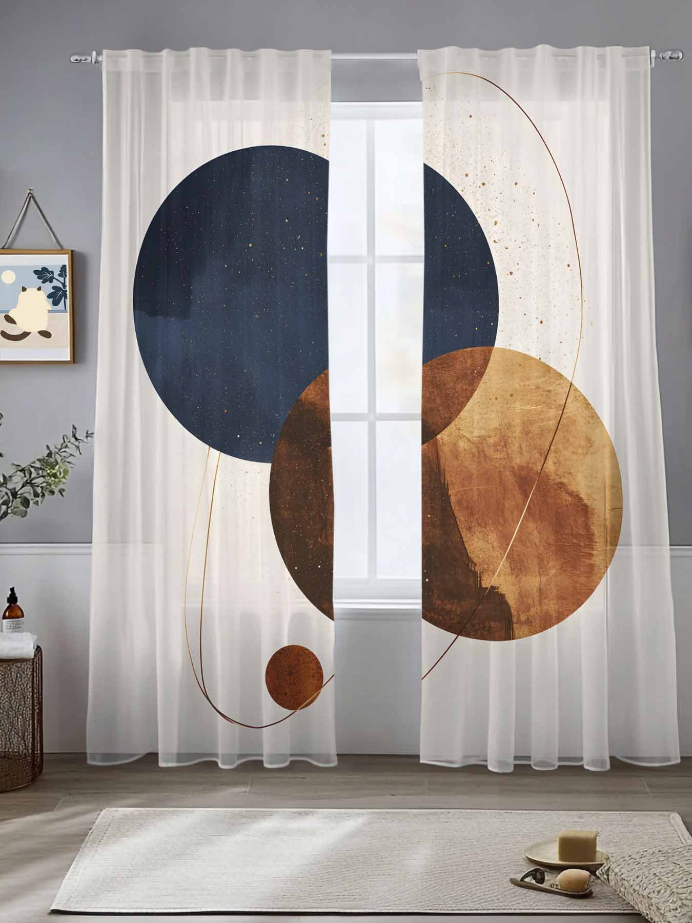 Navy Blue Brown Sheer Curtains for Living Room Bedroom Modern Geometric Abstract Art Luxury ...