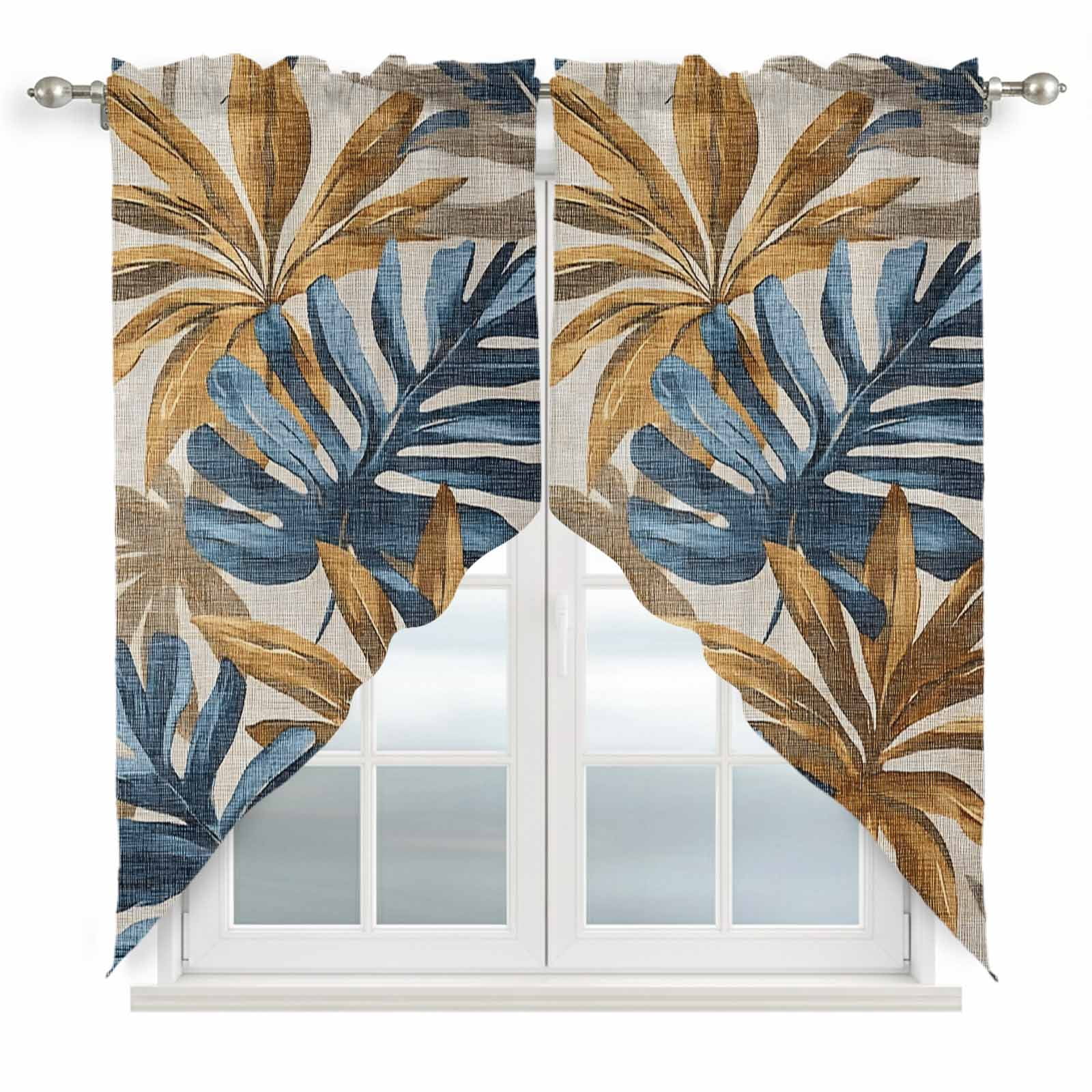Navy Blue Brown Swag Curtains Vintage Elegant Botanical Palm Leaves ...