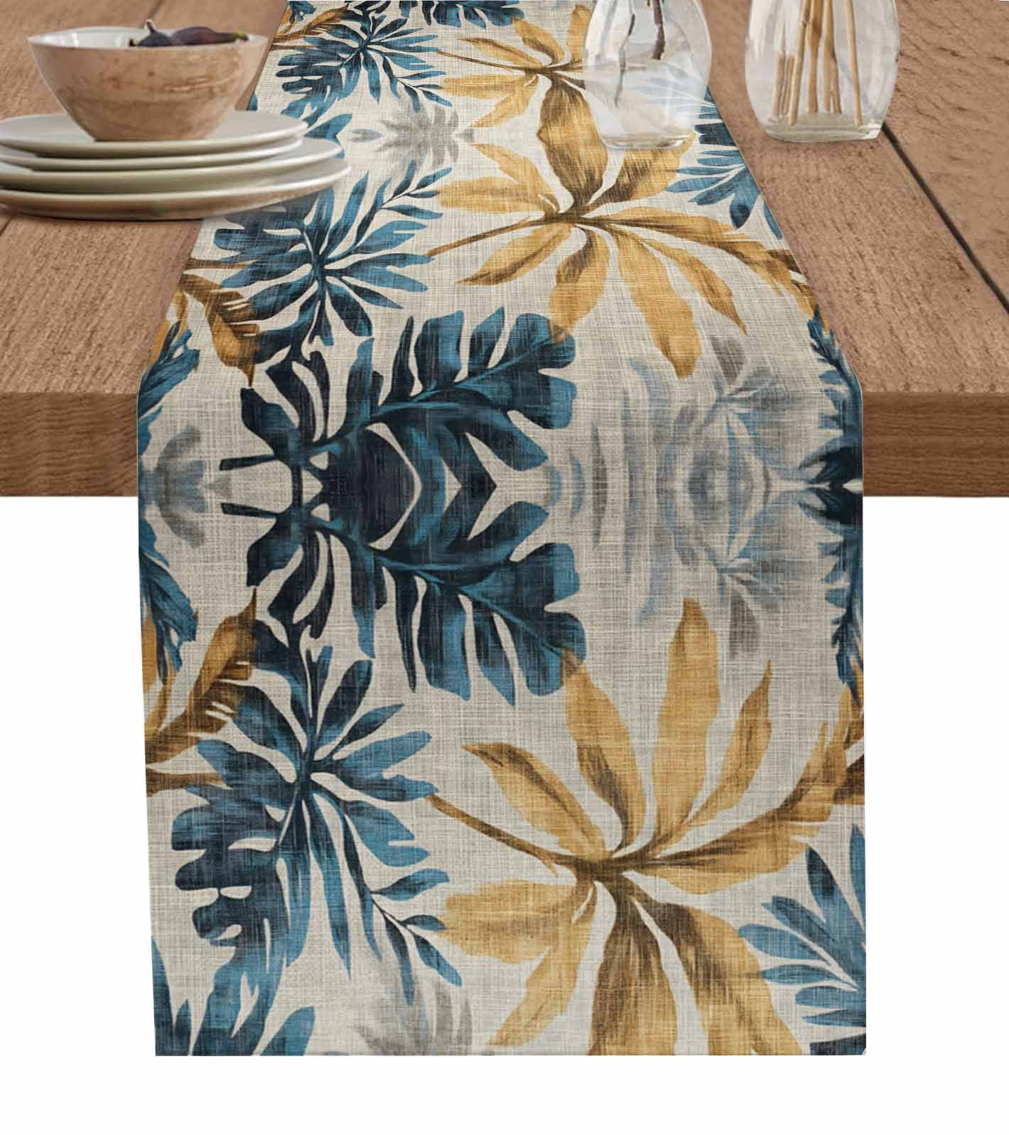 Navy Blue Brown Table Runner 36 Inches, Rustic Tropical Botanical Palm ...
