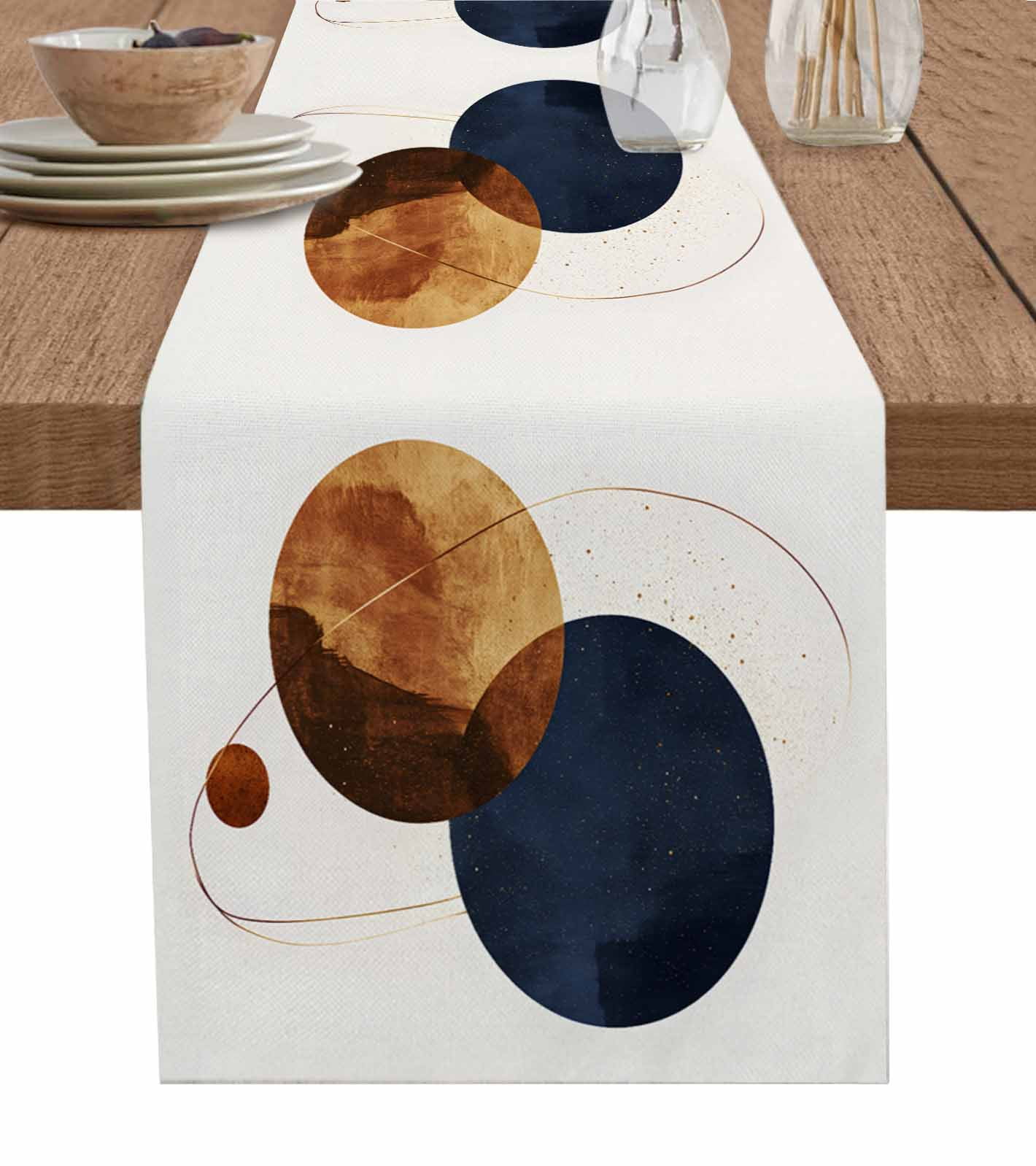 Navy Blue Brown Table Runner 72 Inches, Modern Geometric Abstract Art ...