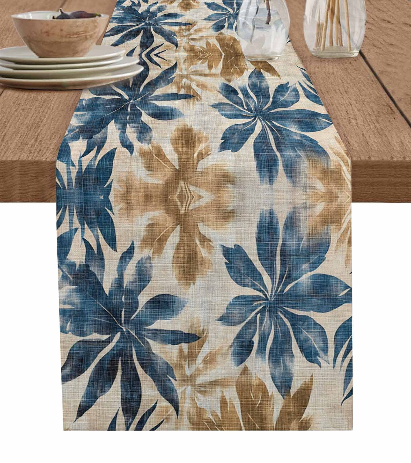 Navy Blue Brown Table Runner 90 Inches, Tropical Botanical Palm Leaves ...