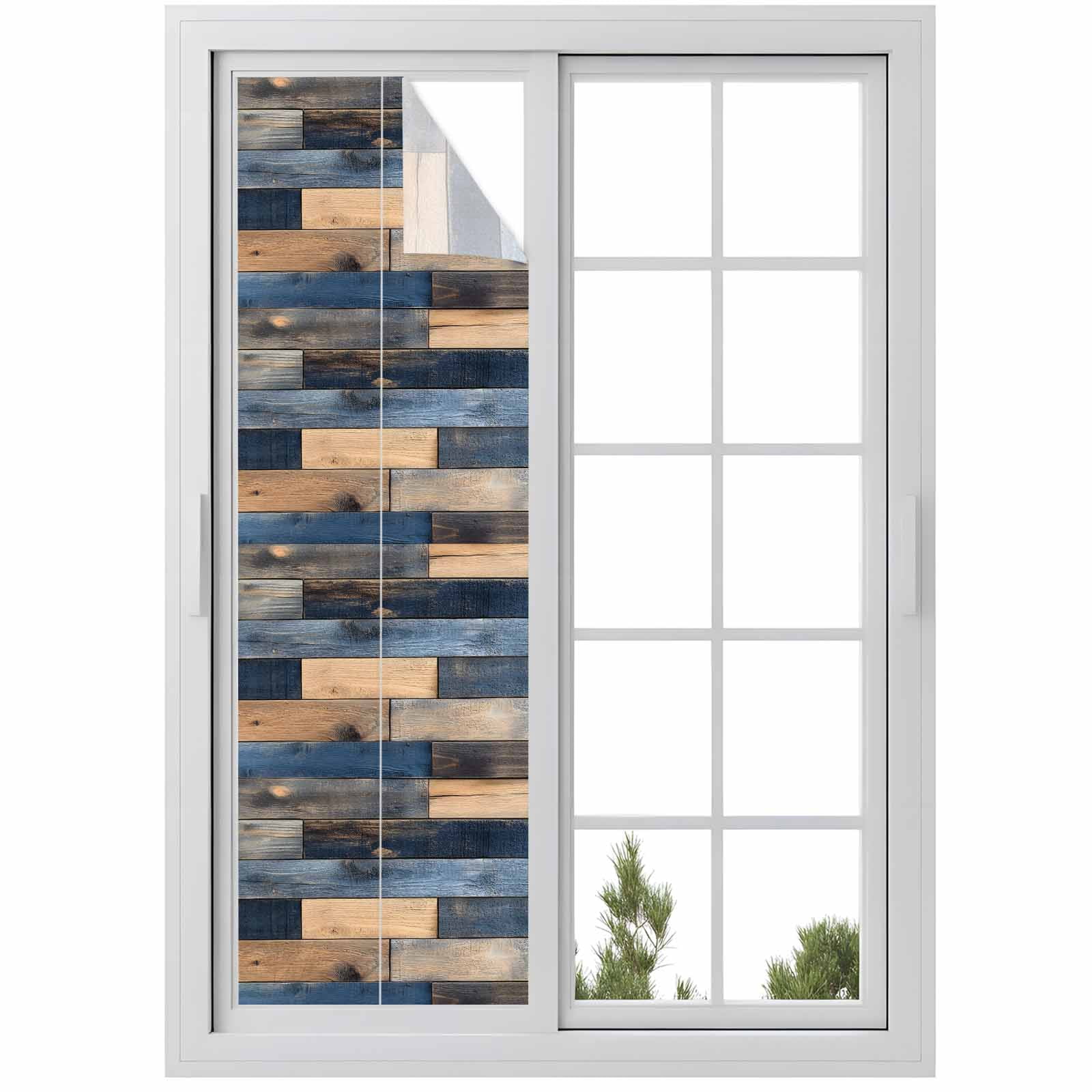 Navy Blue Brown Wood Window Privacy Film, Farmhouse Vintage Wooden ...