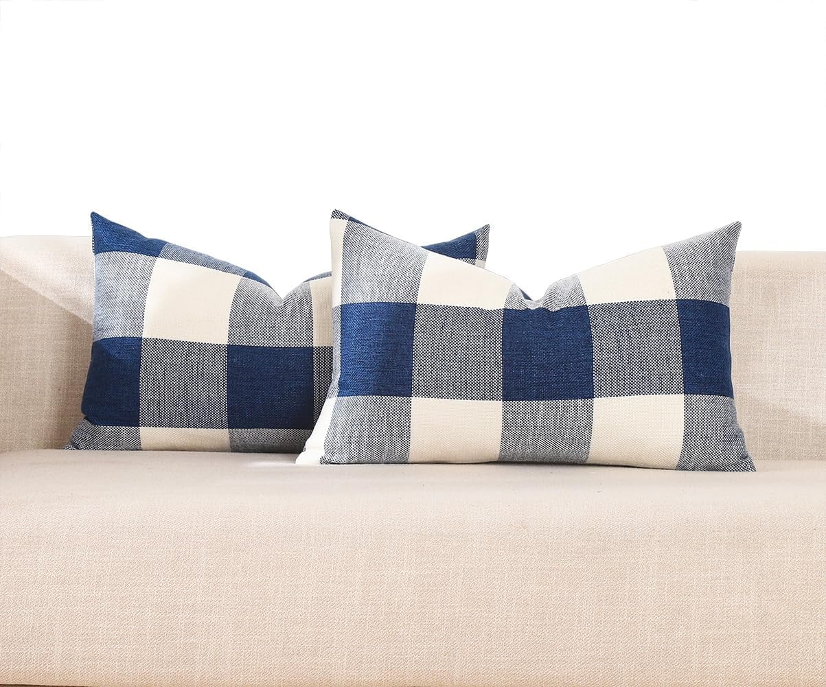 Navy Blue Buffalo Plaid Lumbar Pillow Covers 12x20 Set of 2 Blue ...