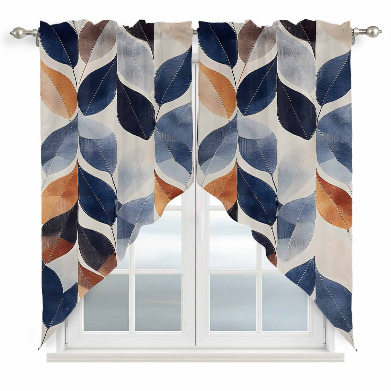 Navy Blue Burnt Orange Botanical Swag Curtains Palm Leaf Retro Swag ...