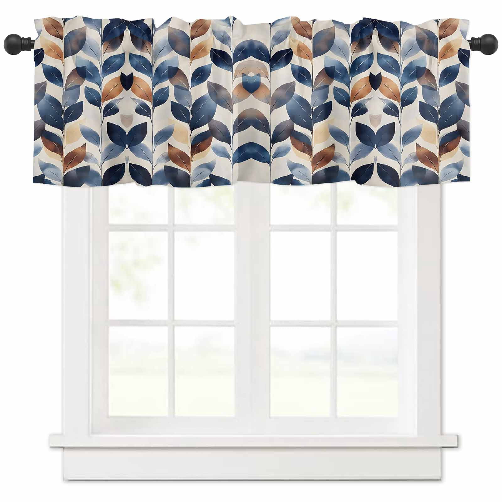 Navy Blue Burnt Orange Botanical Valances for Windows Farmhouse Kitchen ...