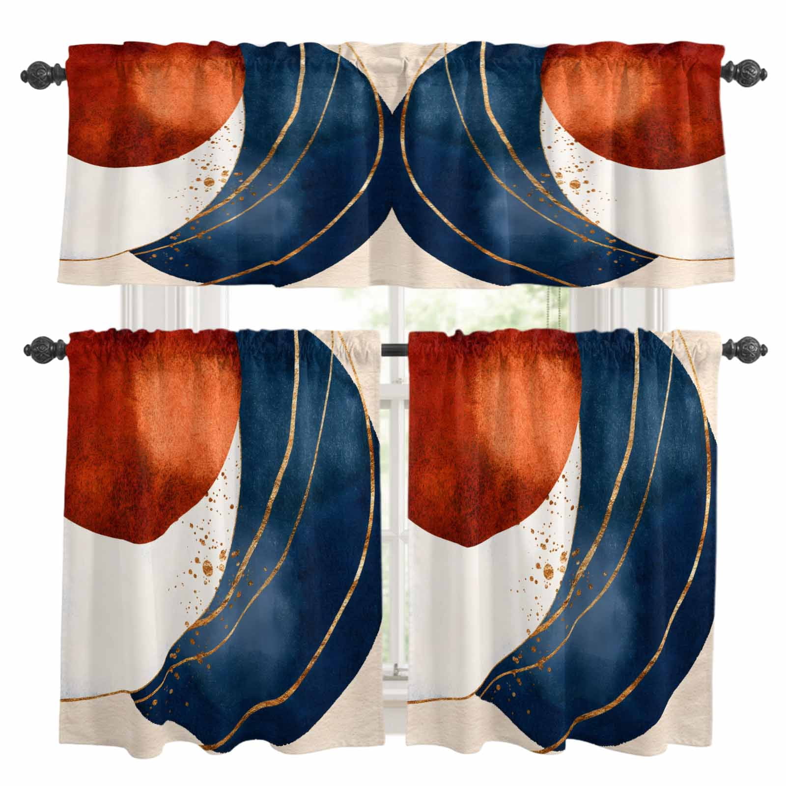 Navy Blue Burnt Orange Kitchen Curtains Sets for Windows 24 Inch Length ...