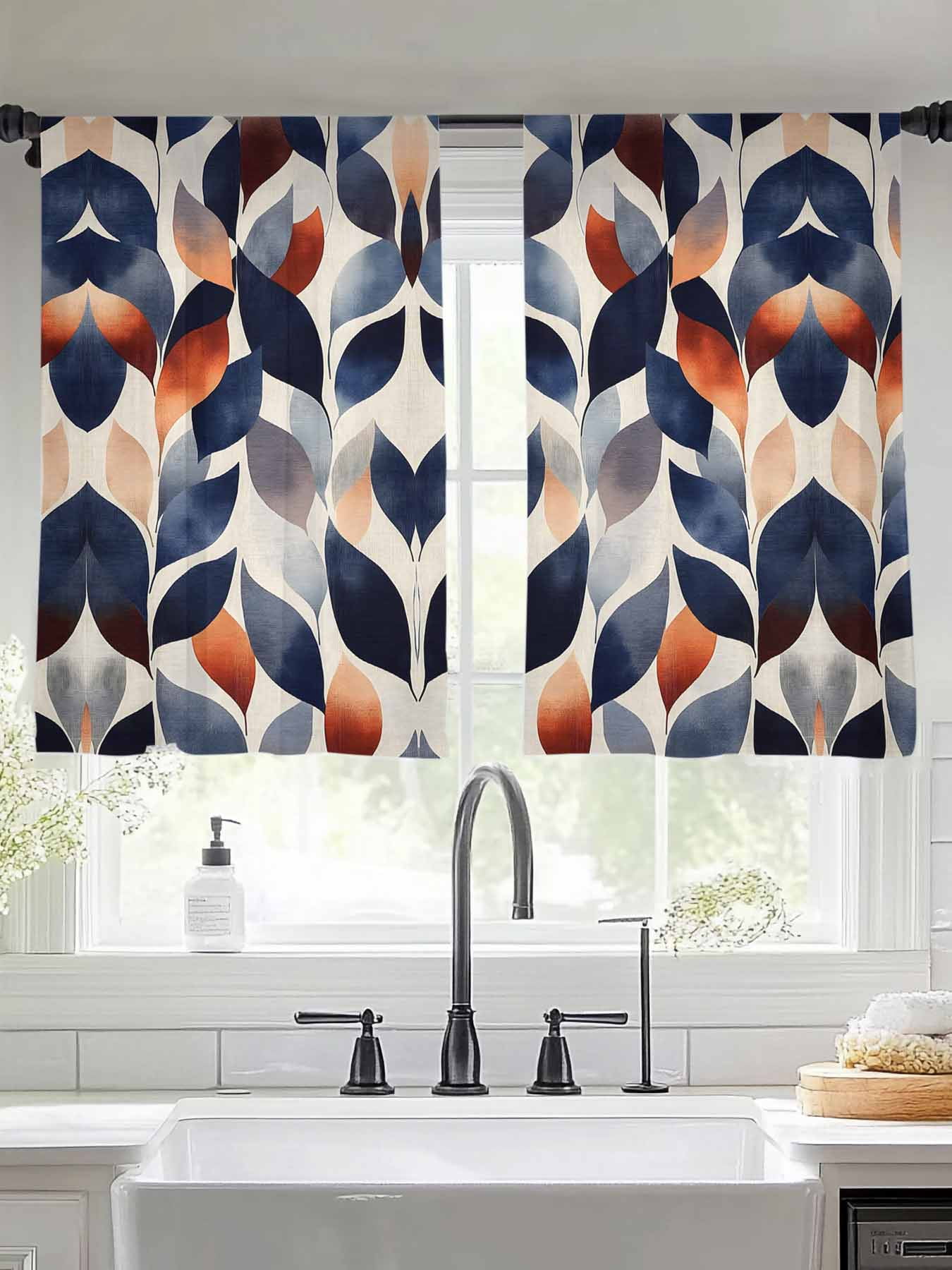 Navy Blue Burnt Orange Sheer Curtains for Living Room Bedroom Botanical ...