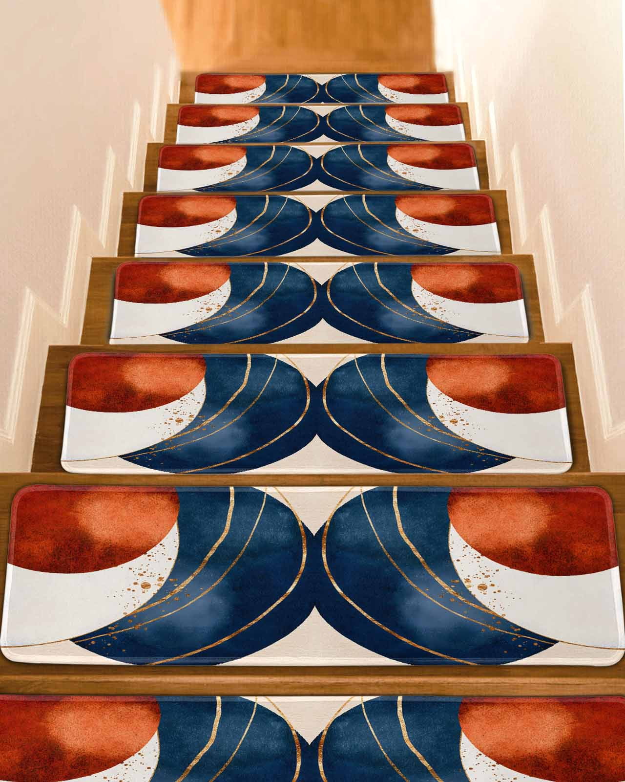 Navy Blue Burnt Orange Stair Treads for Wooden Steps Indoor Runner Rug ...