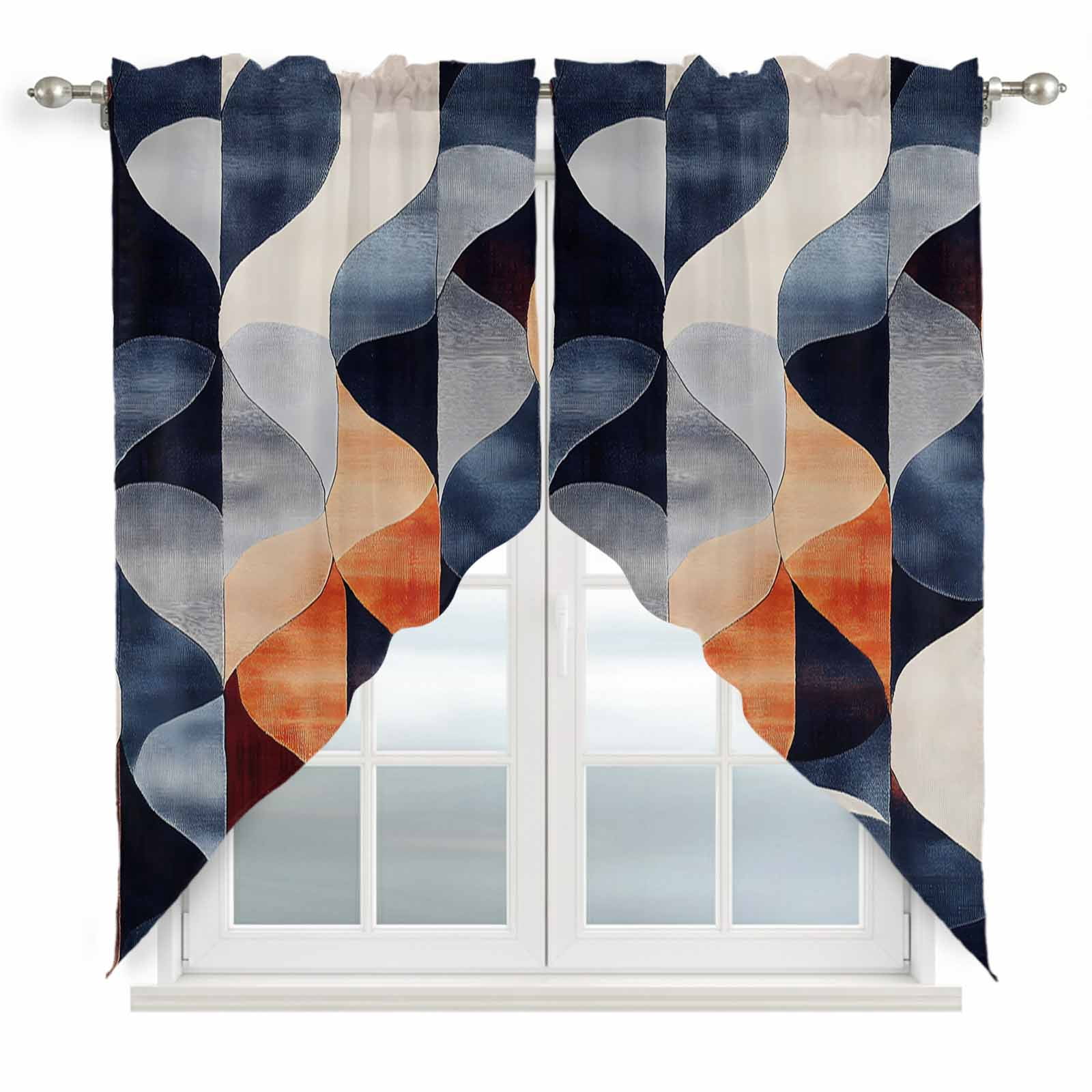 Navy Blue Burnt Orange Swag Curtains Geometric Retro Abstract Swag ...