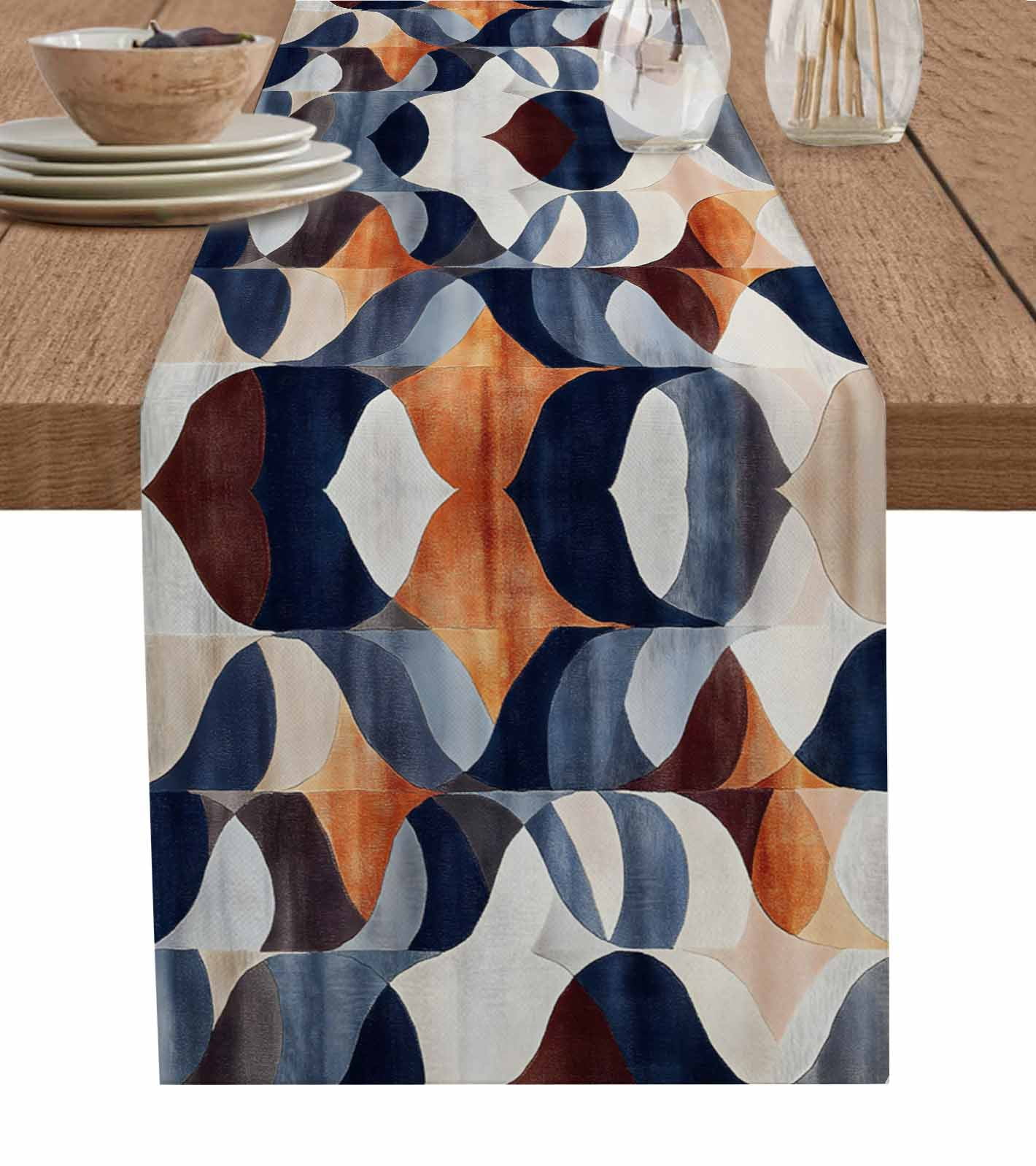 Navy Blue Burnt Orange Table Runner 72 Inches, Retro Geometric Abstract ...