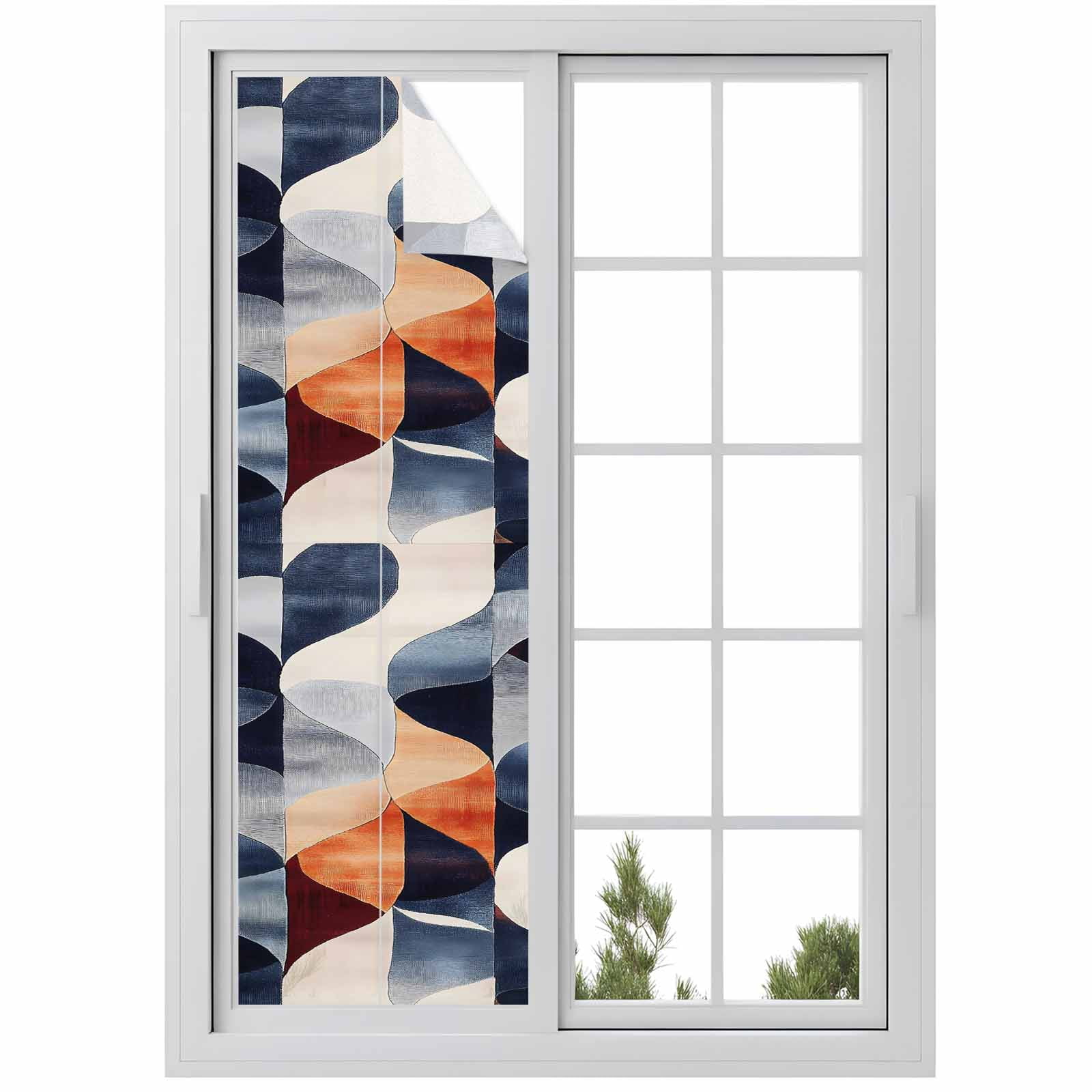 Navy Blue Burnt Orange Window Privacy Film, Geometric Retro Abstract ...