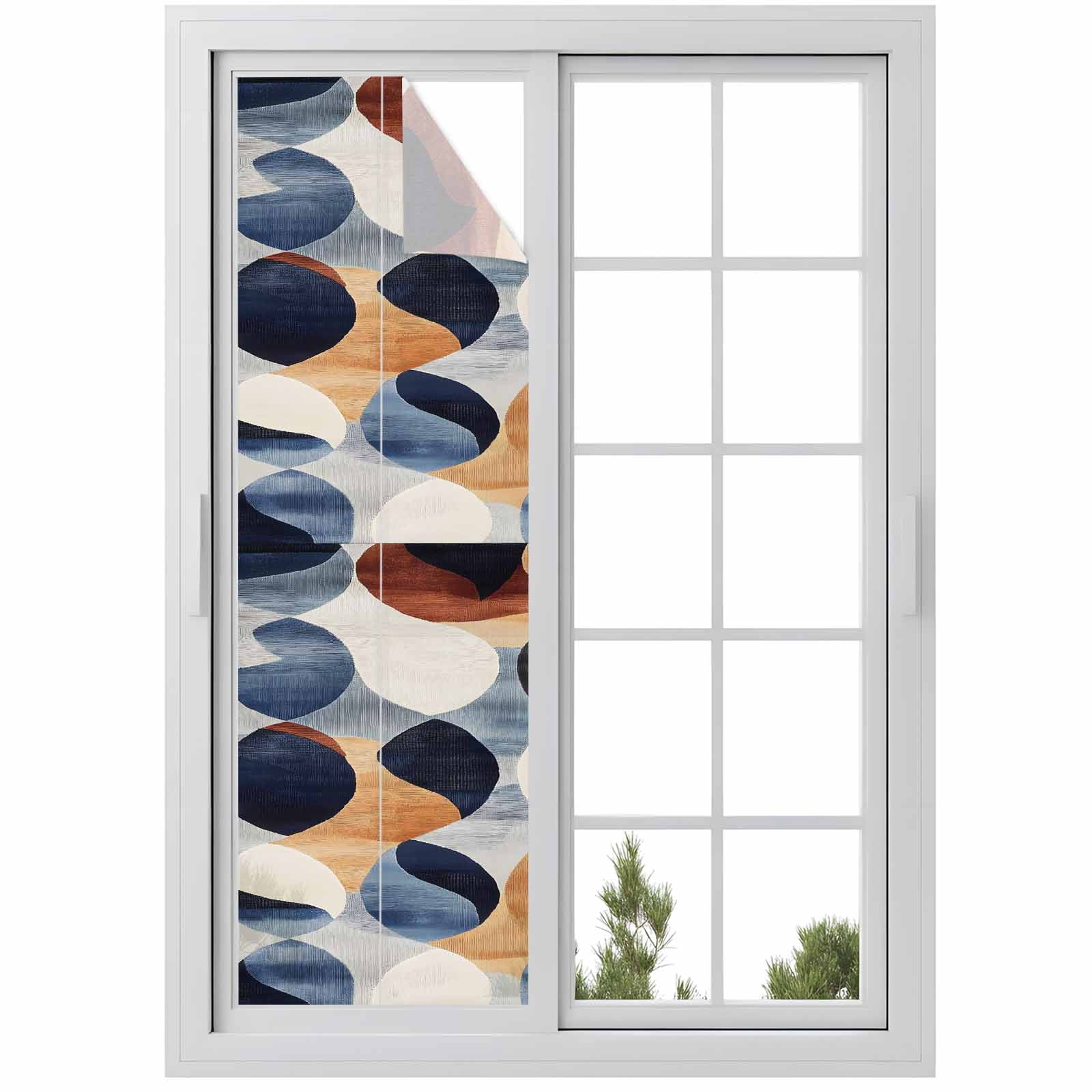 Navy Blue Burnt Orange Window Privacy Film, Retro Abstract Geometric ...