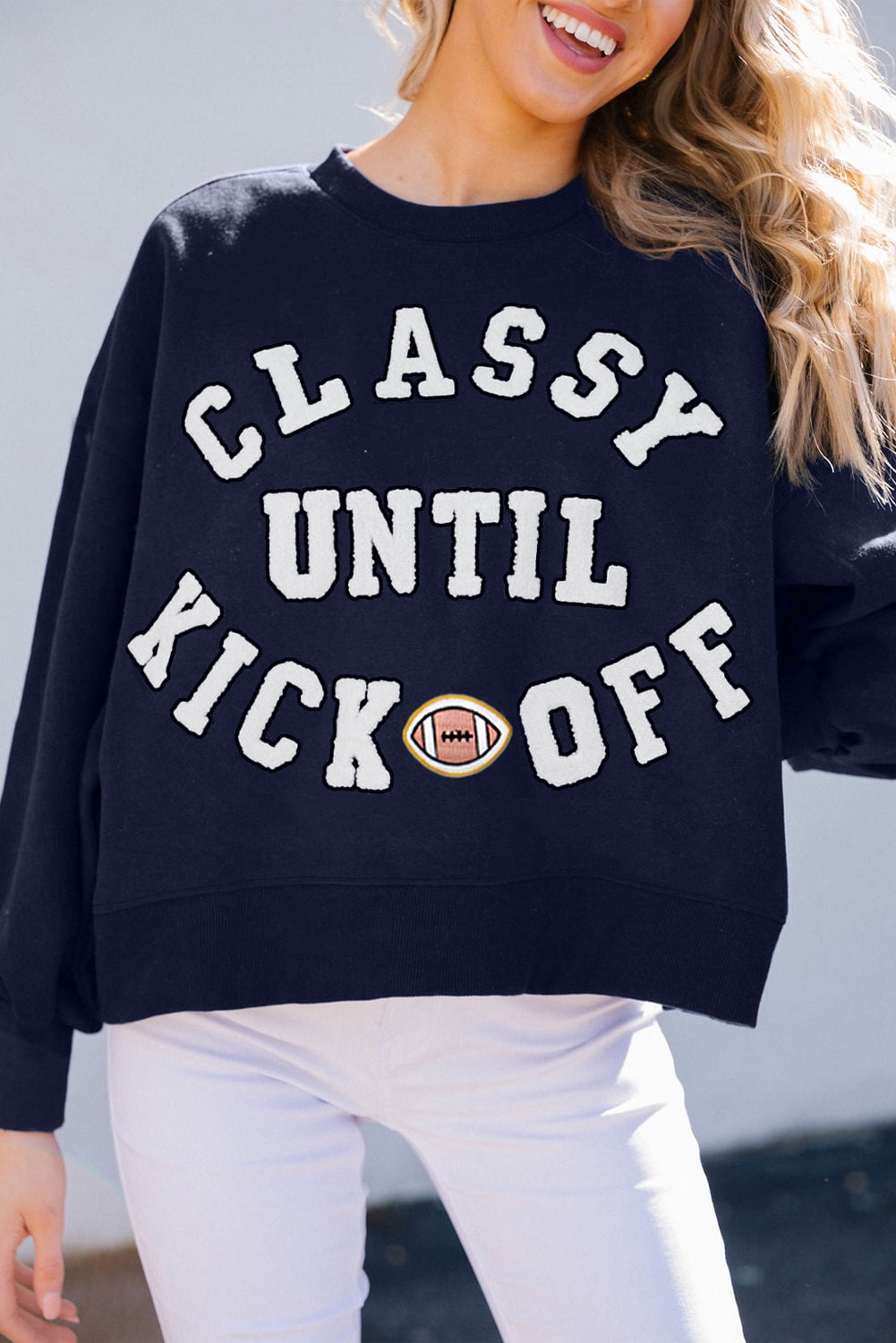 Navy Blue CLASSY UNTIL KICKOFF Plush Letter Patched Loose Sweatshirt ...