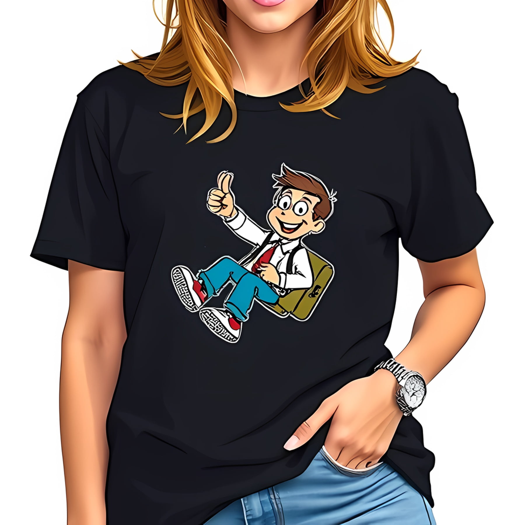 Navy Blue Cartoon Graphic T-Shirt for Women - Cheerful Boy Backpack ...
