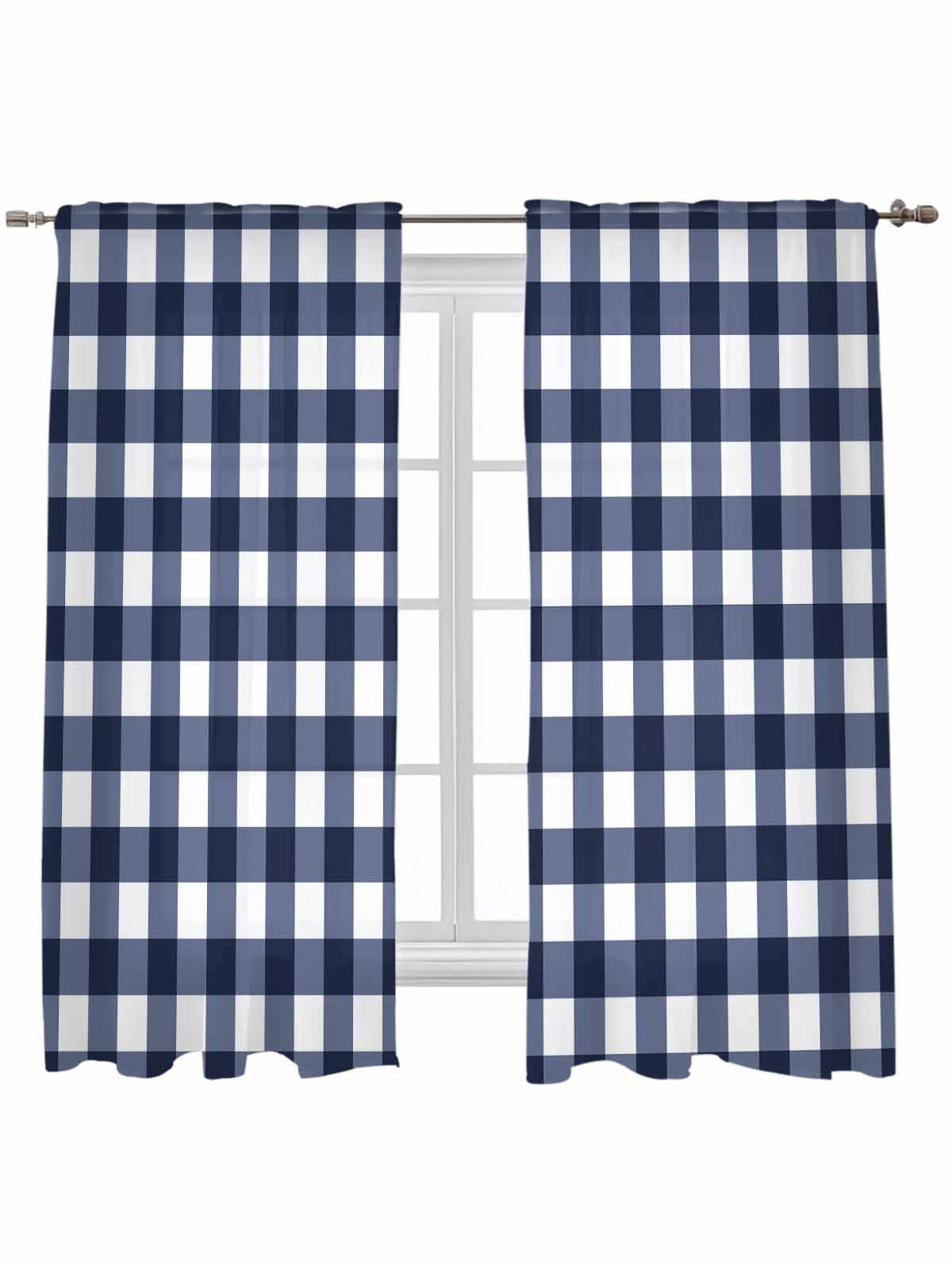Navy Blue Check Curtains 63 Inch Length, Sheer Curtains for Bedroom ...