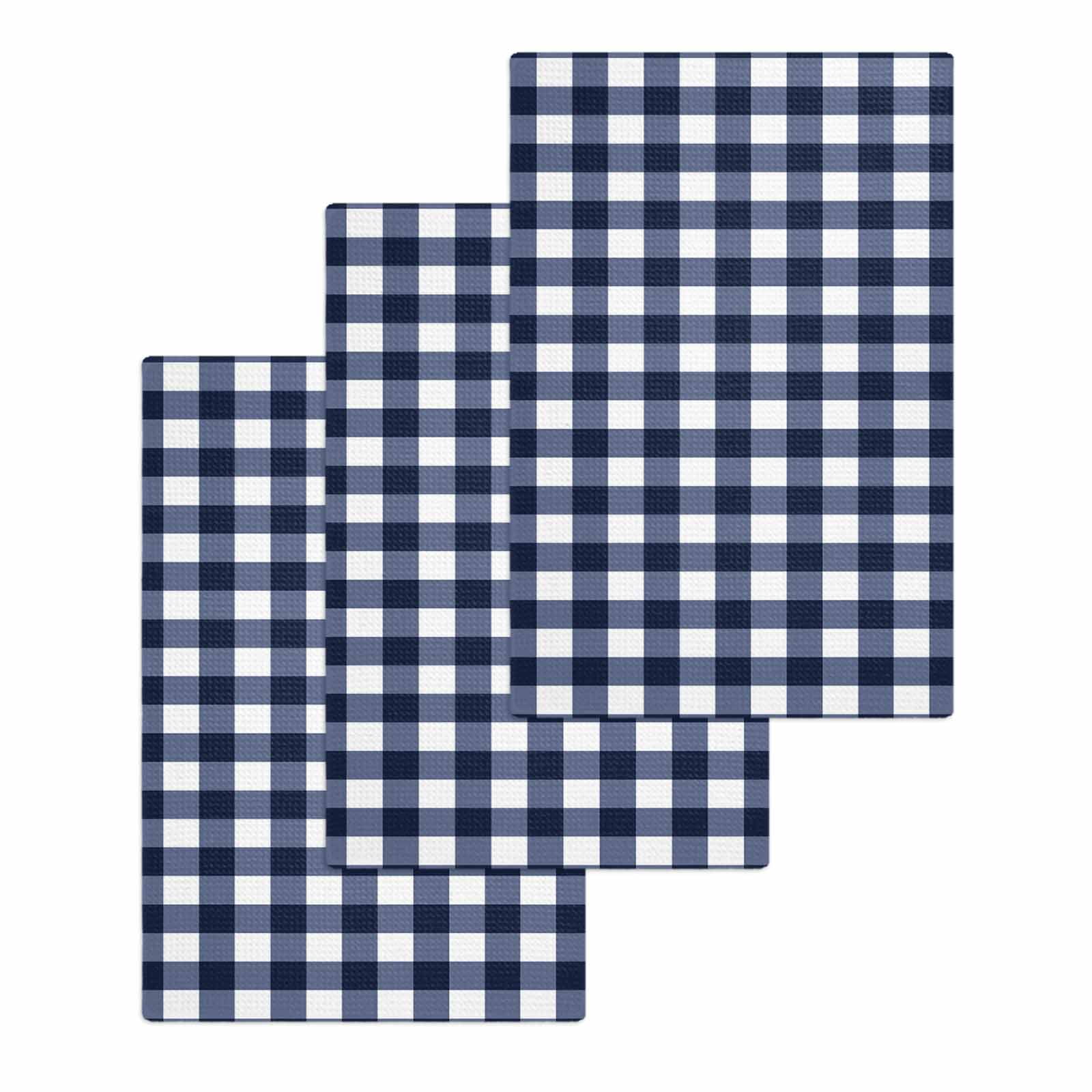 Navy Blue Check Hand Towels Set, Waffle Weave Kitchen Towels 3 Pieces ...
